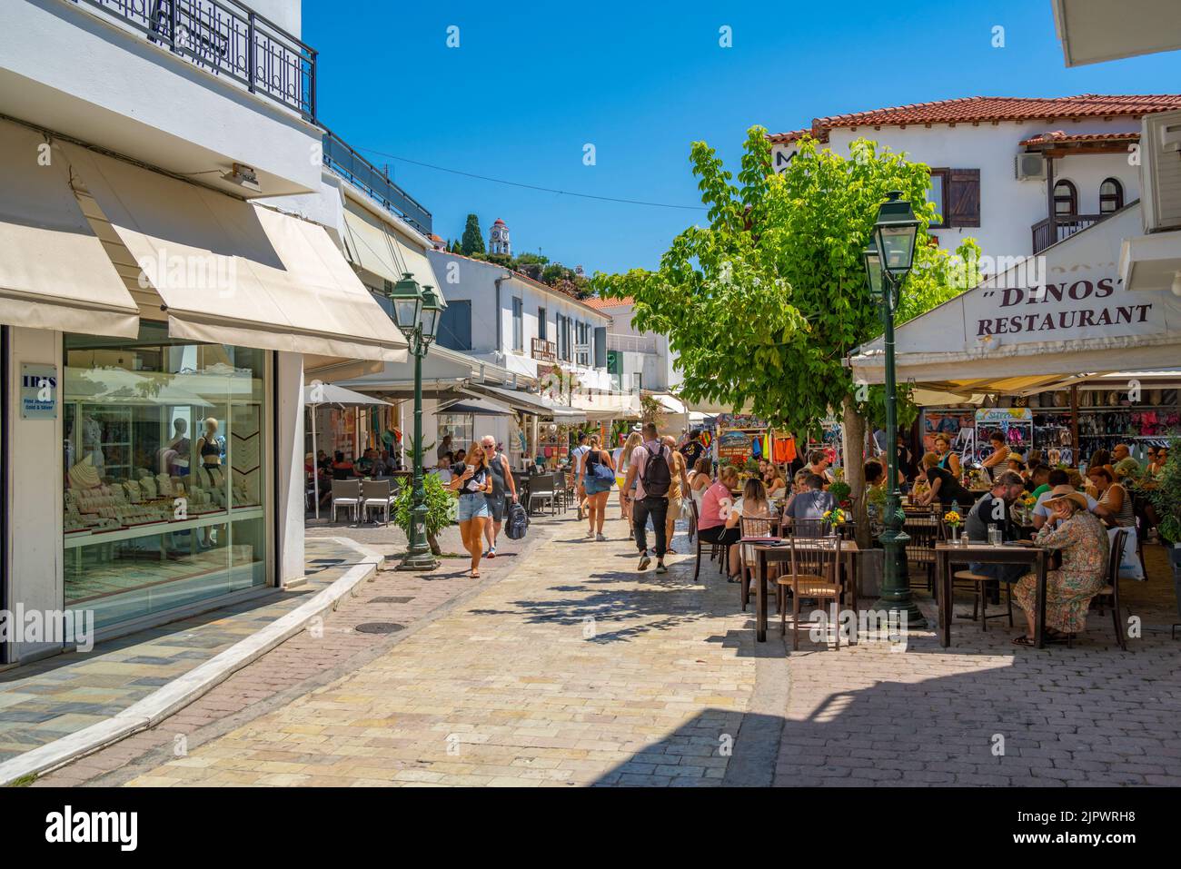 View of shops and bars in Skiathos Town, Skiathos Island, Sporades ...