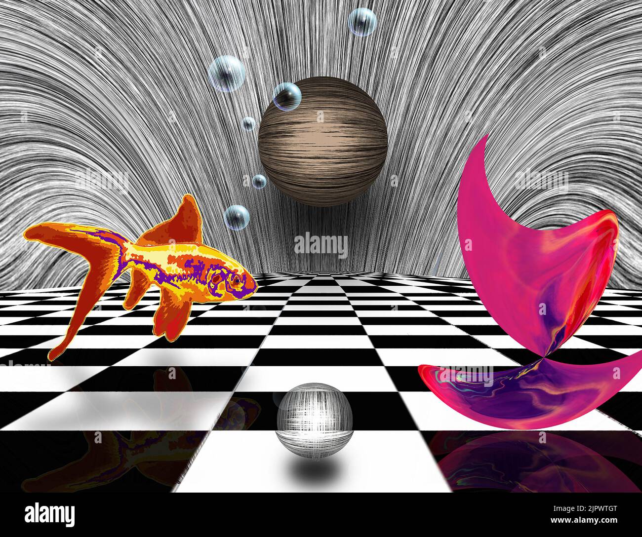 Surreal composition. Pink matter on chessboard, sphere and golden fish ...