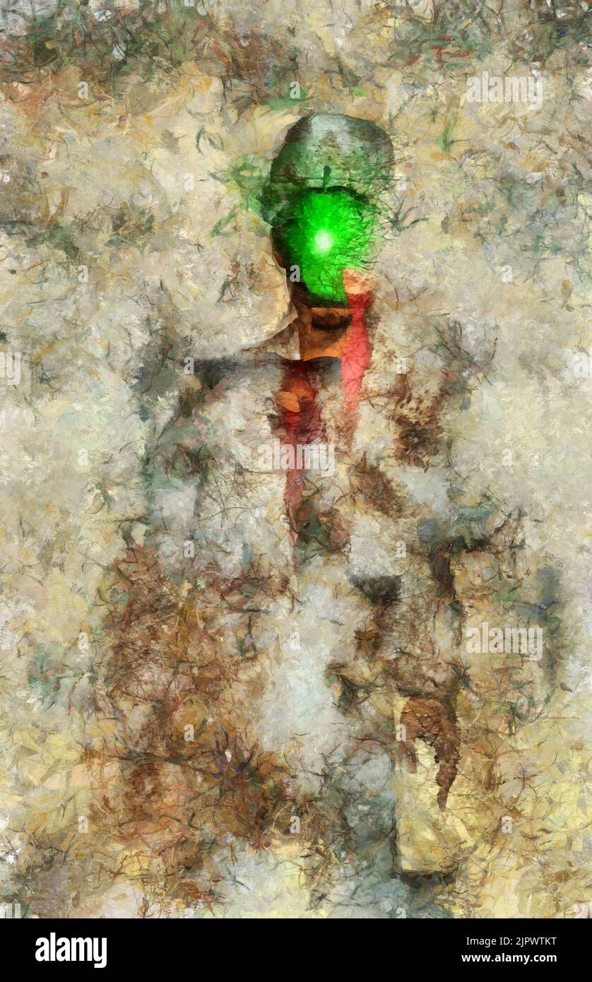 Surreal painting. Man in suit and bowler hat with green apple instead ...
