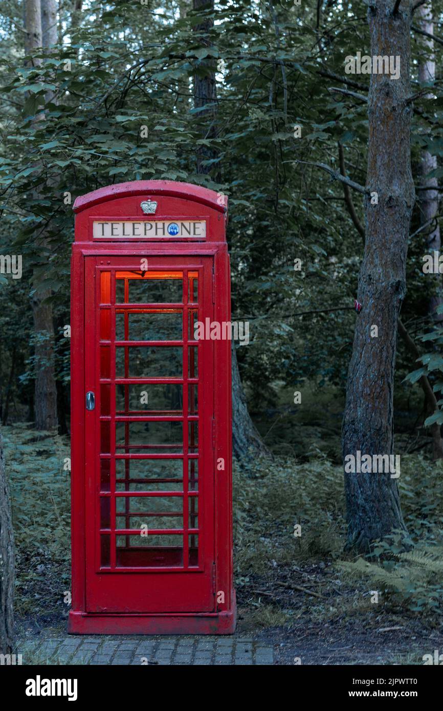 A vertical shot of a British red telephone box by a forest Stock Photo ...