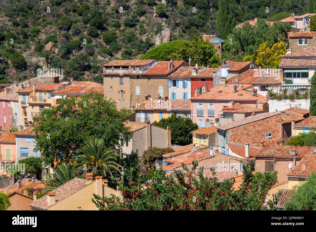 Distant view of the old village of Bormes-les-Mimosas, France, located ...