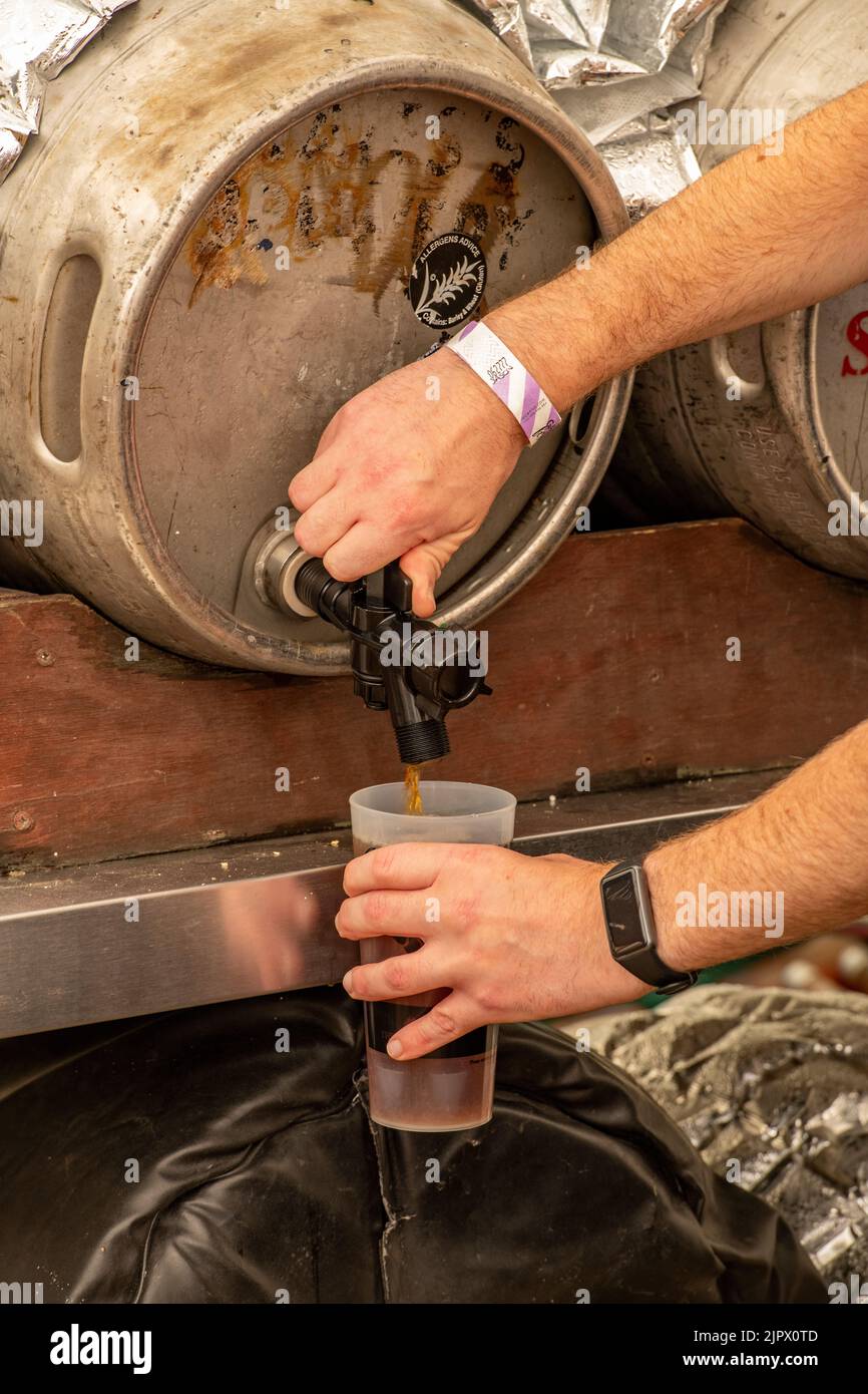 barman or bar tender pouring beer from a barrel into a glass, man ...