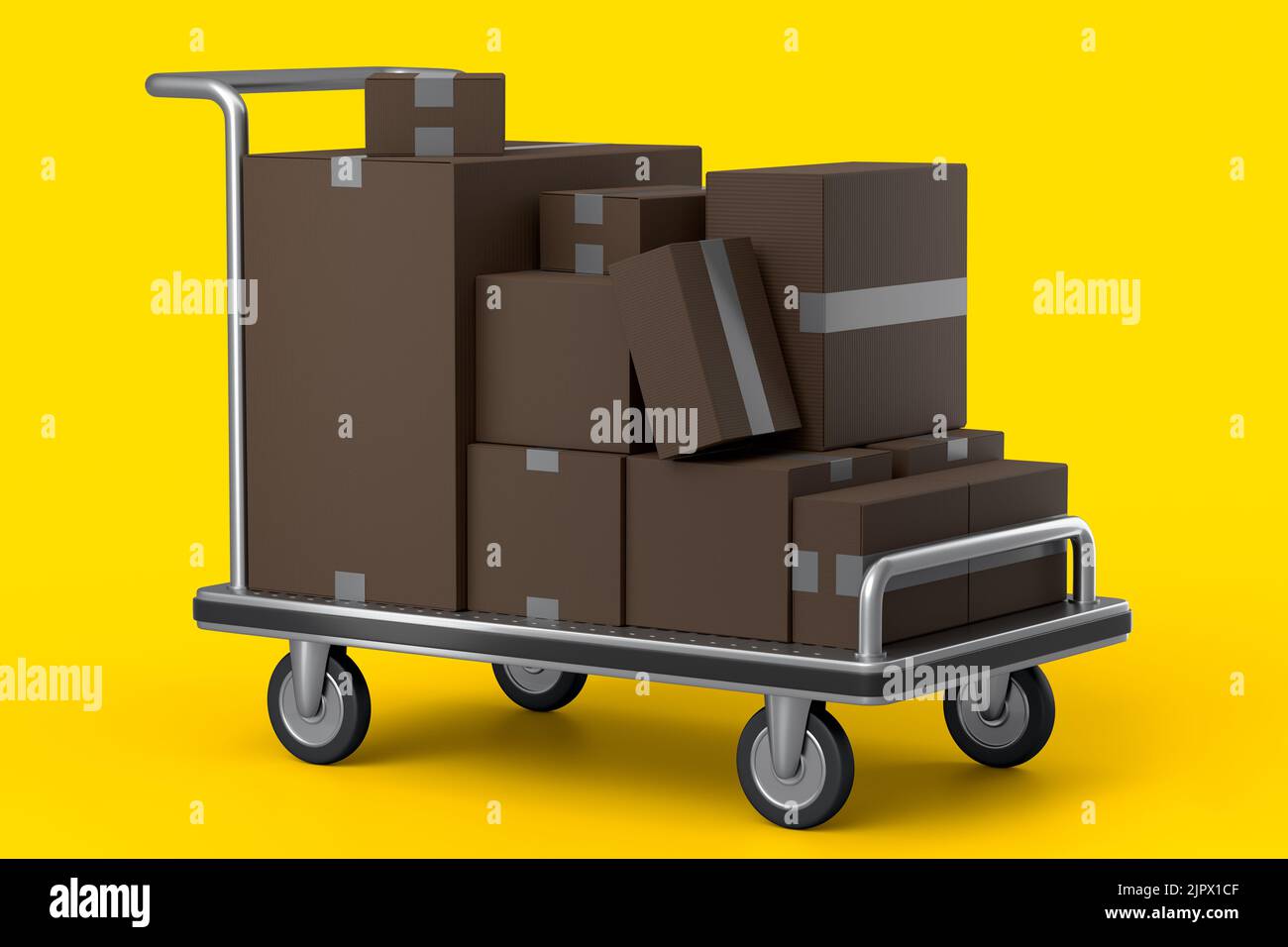 Airport luggage cart or baggage trolley side with stack of cardboard ...