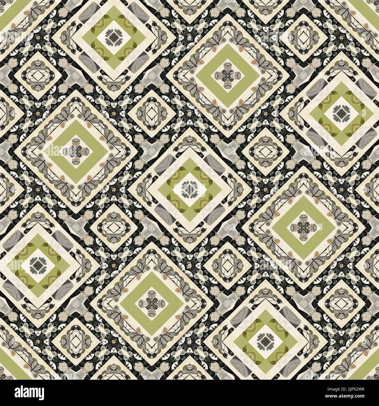 Forest green decorative damask seamless pattern. Geometric kaleidoscope ...
