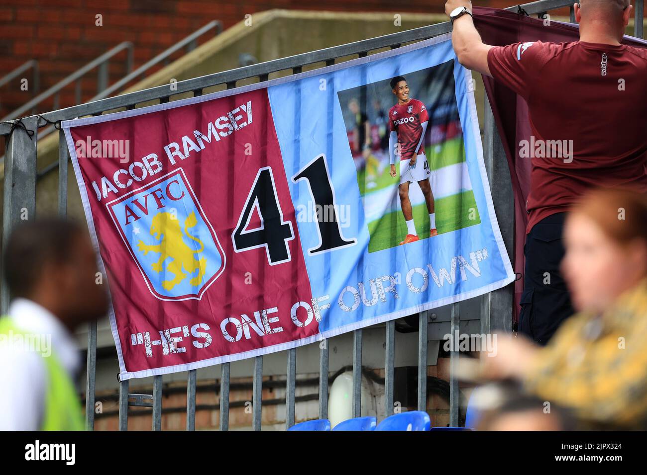 Aston Villa fans hang a banner paying tribute to Jacob Ramsey of Aston ...