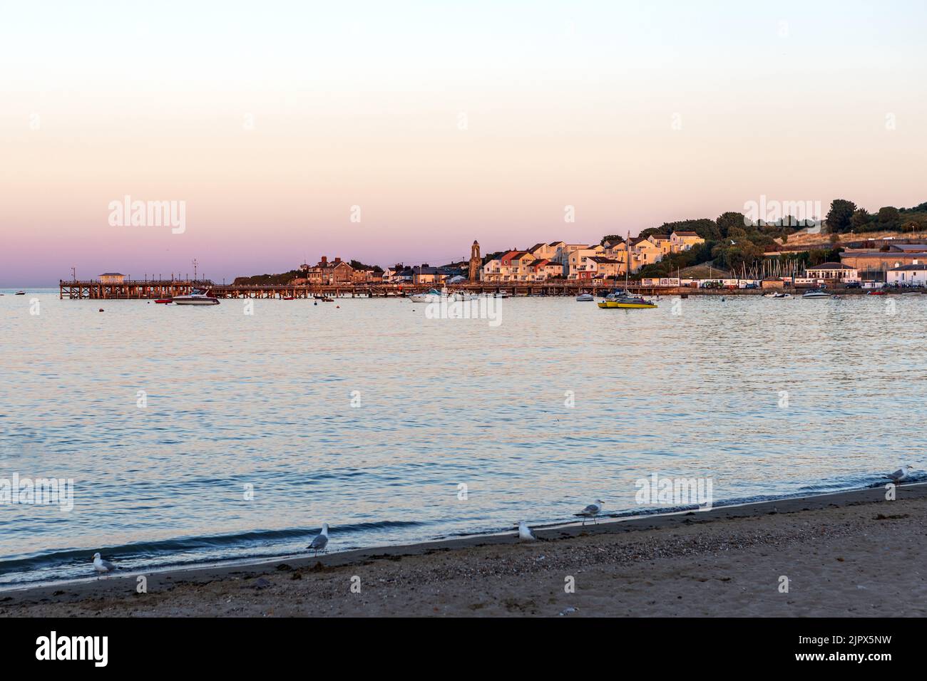 Swanage pier and town, Swanage Bay, dusk, summertime, Swanage, Dorset ...