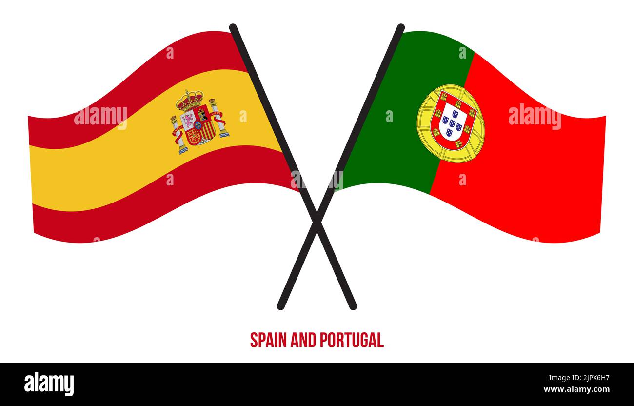 Spain and Portugal Flags Crossed And Waving Flat Style. Official ...
