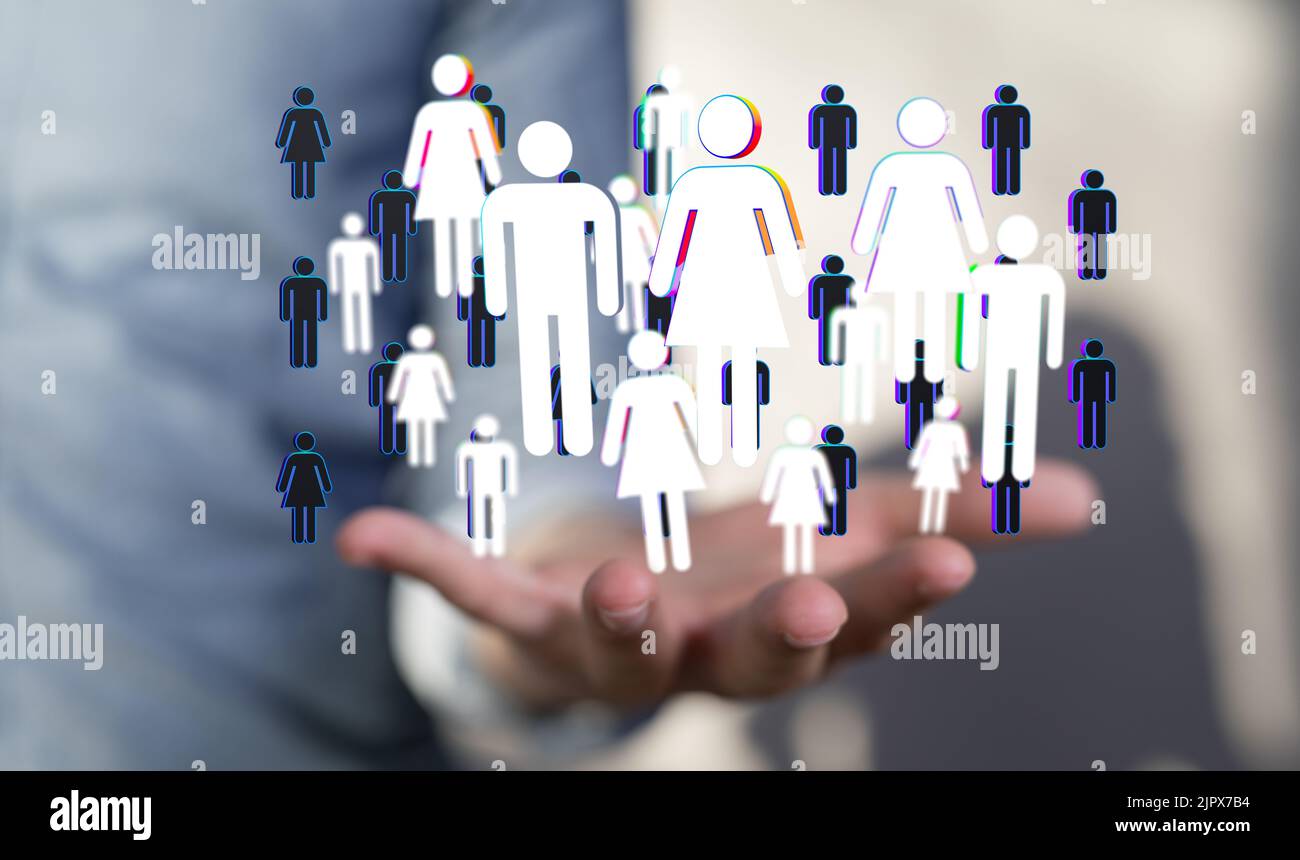 A 3D rendering of people icons floating in a person's hand Stock Photo ...