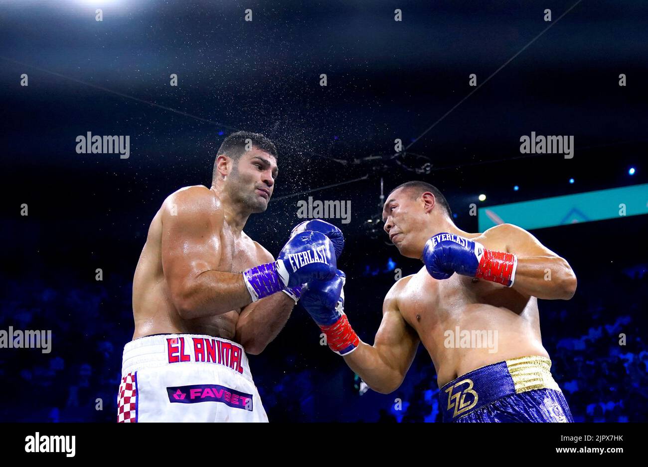 Zhang Zhilei (right) in action against Filip Hrgovic during their Final Eliminator for the IBF ...