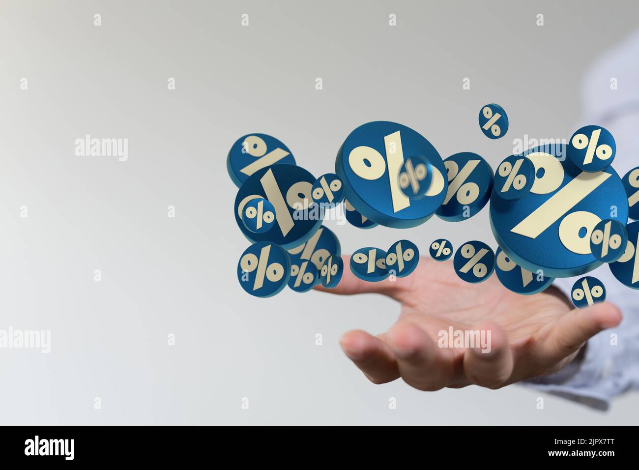 A 3D rendering of percentage icons floating in a person's hand Stock ...