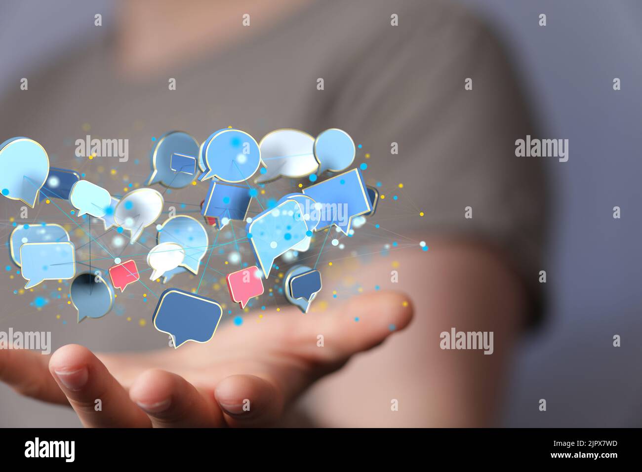 A 3D rendering of message icons floating in a person's hand Stock Photo ...