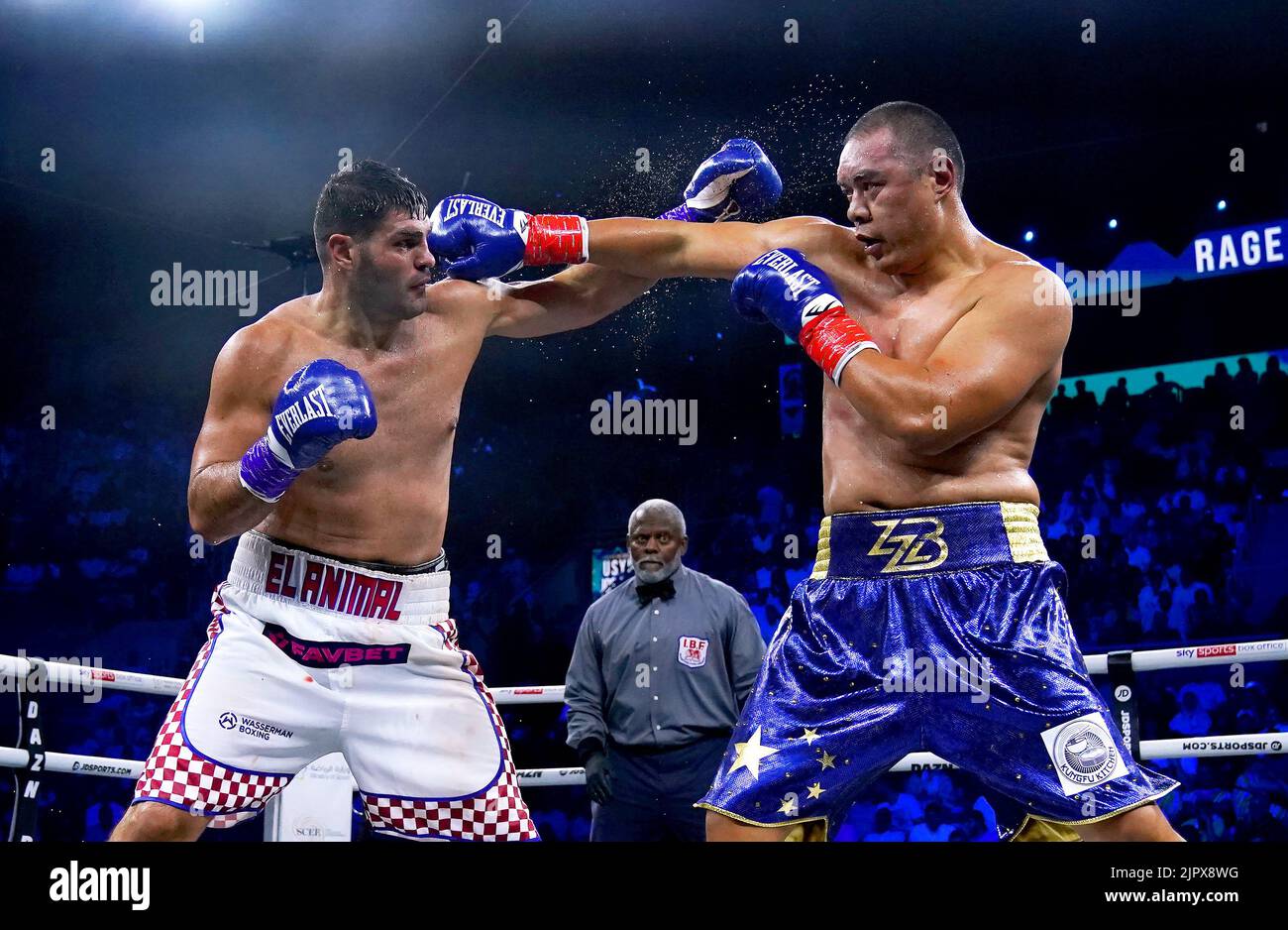 Filip Hrgovic (left) in action against Zhang Zhilei during their Final Eliminator for the IBF ...