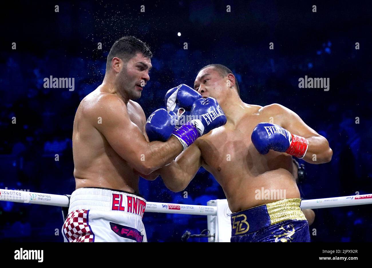 Filip Hrgovic (left) in action against Zhang Zhilei during their Final ...
