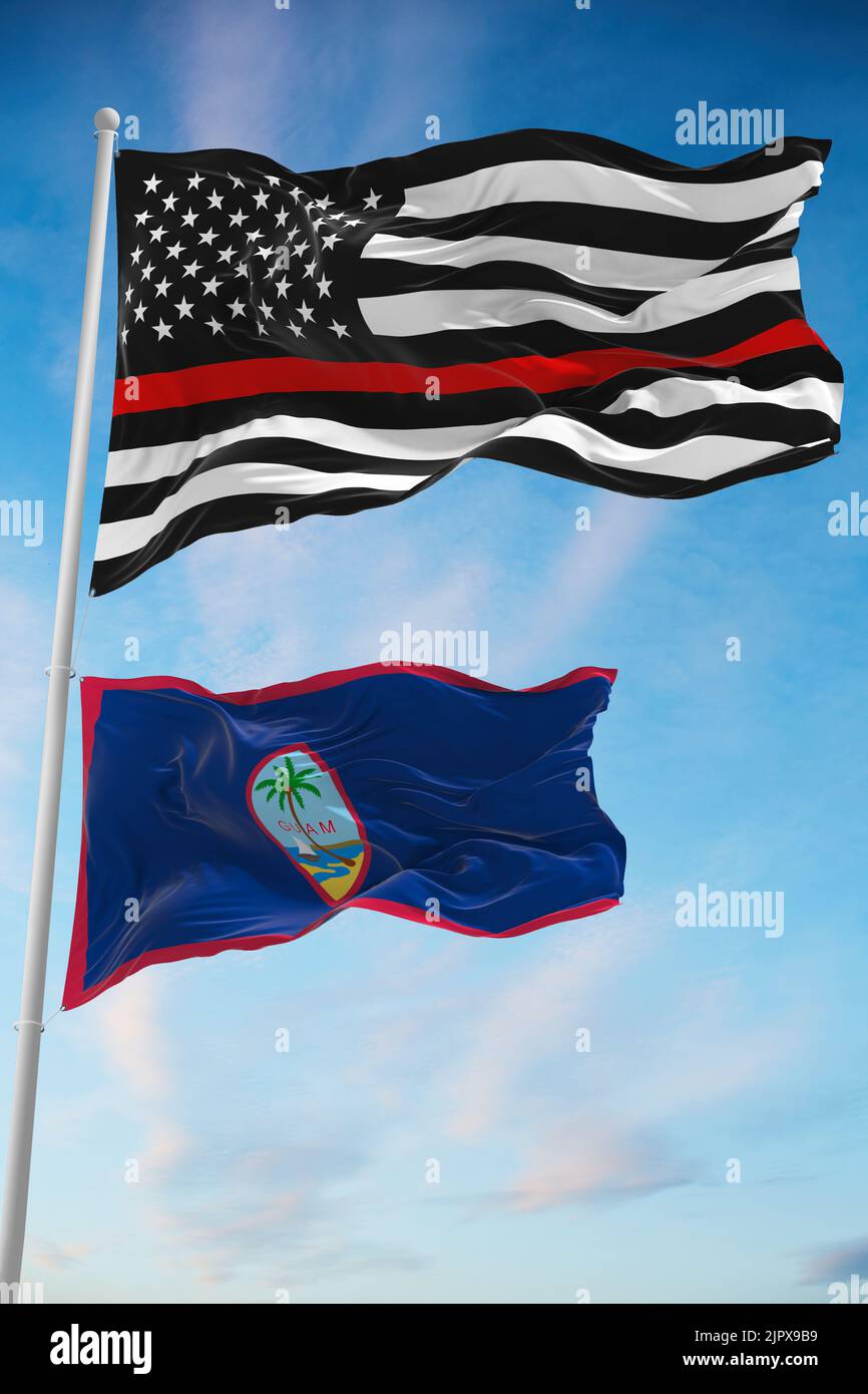 Thin Red Line Black Flag of US with smaller flag of Guam state, Usa at ...