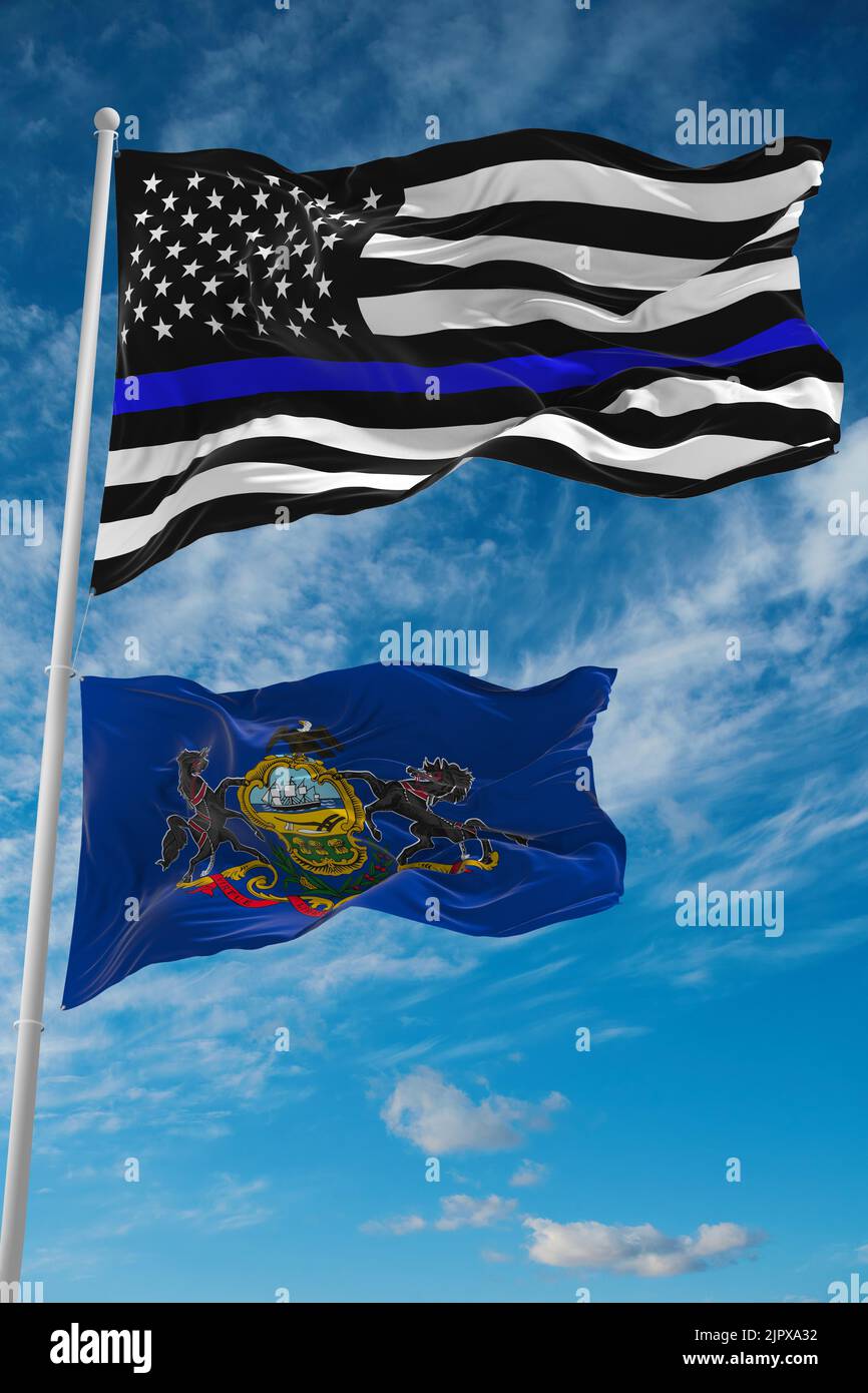 thin blue line flag of US with smaller flag of Pennsylvania state, Usa ...