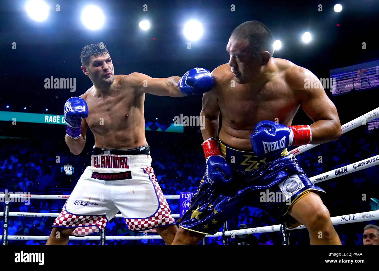 Filip Hrgovic (left) in action against Zhang Zhilei during their Final Eliminator for the IBF ...
