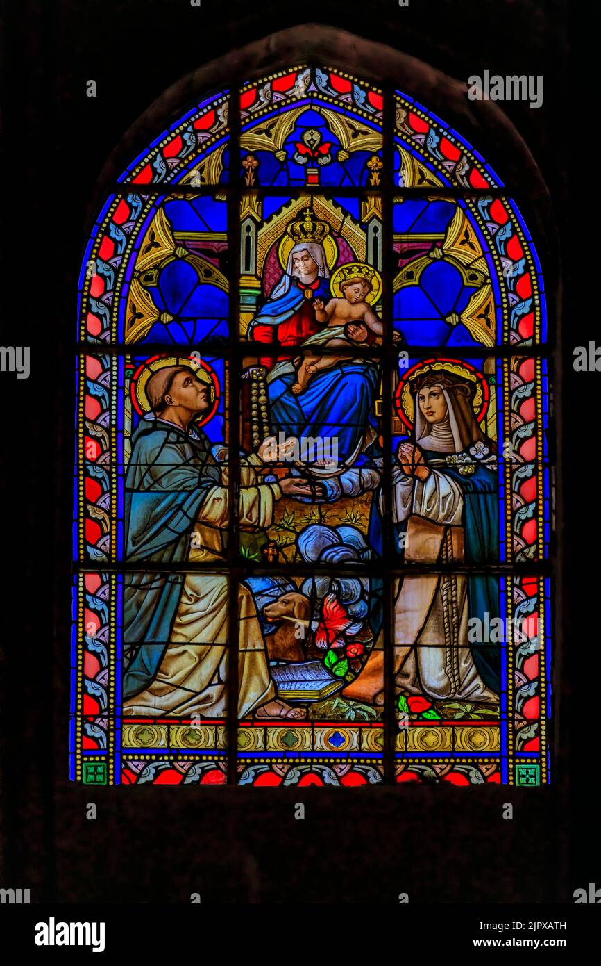 San Sebastian, Spain - June 26, 2021: Stained glass window in the 16th ...