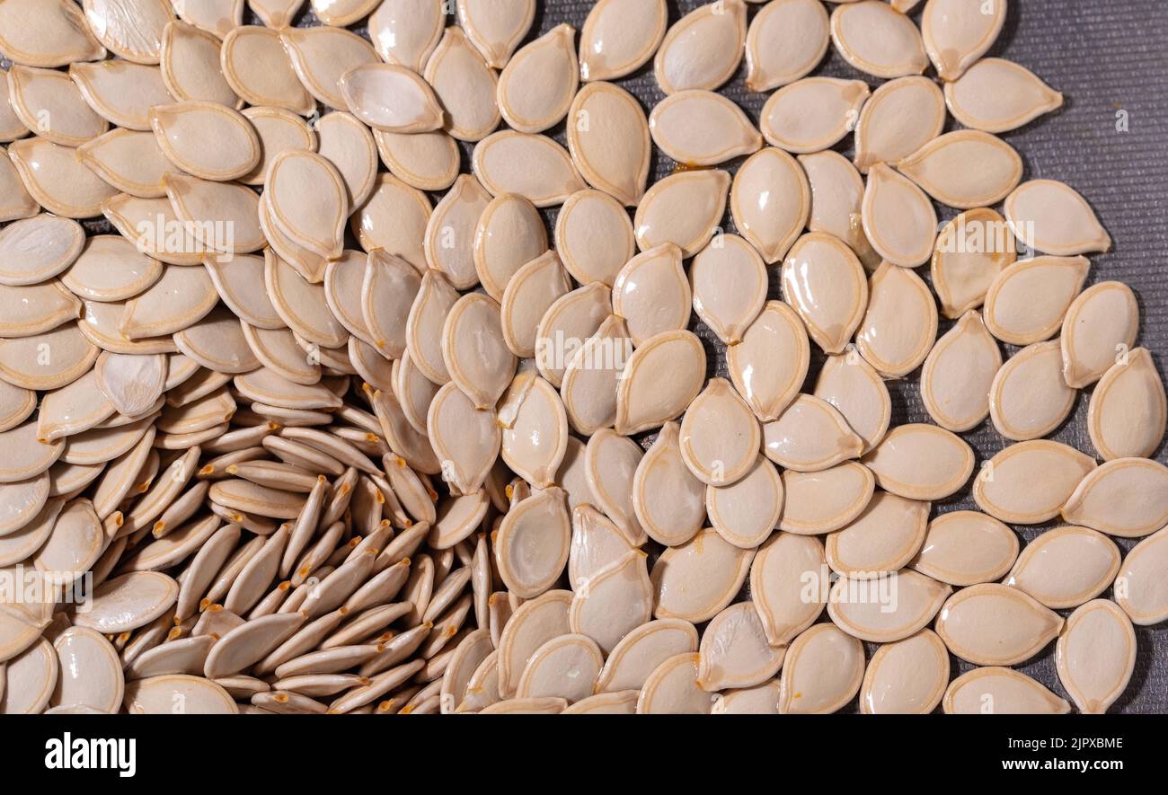 Pumpkin seeds creating a natural, spiral structure. Pure pumpkin seeds ...