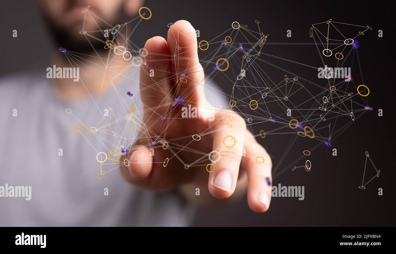 A 3d render of a hand interacting with network connection data Stock Photo - Alamy