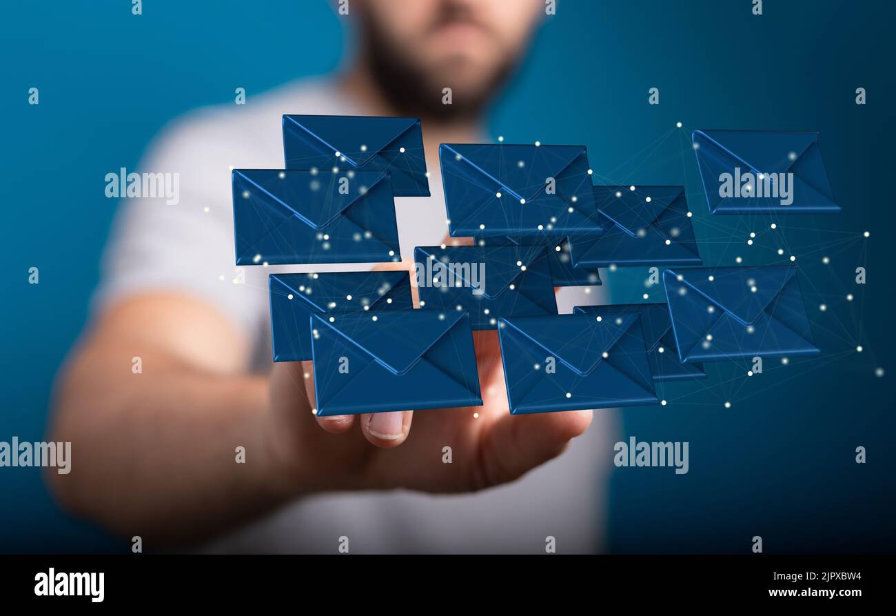 A man's hand interacting with many of emails, 3d render Stock Photo - Alamy
