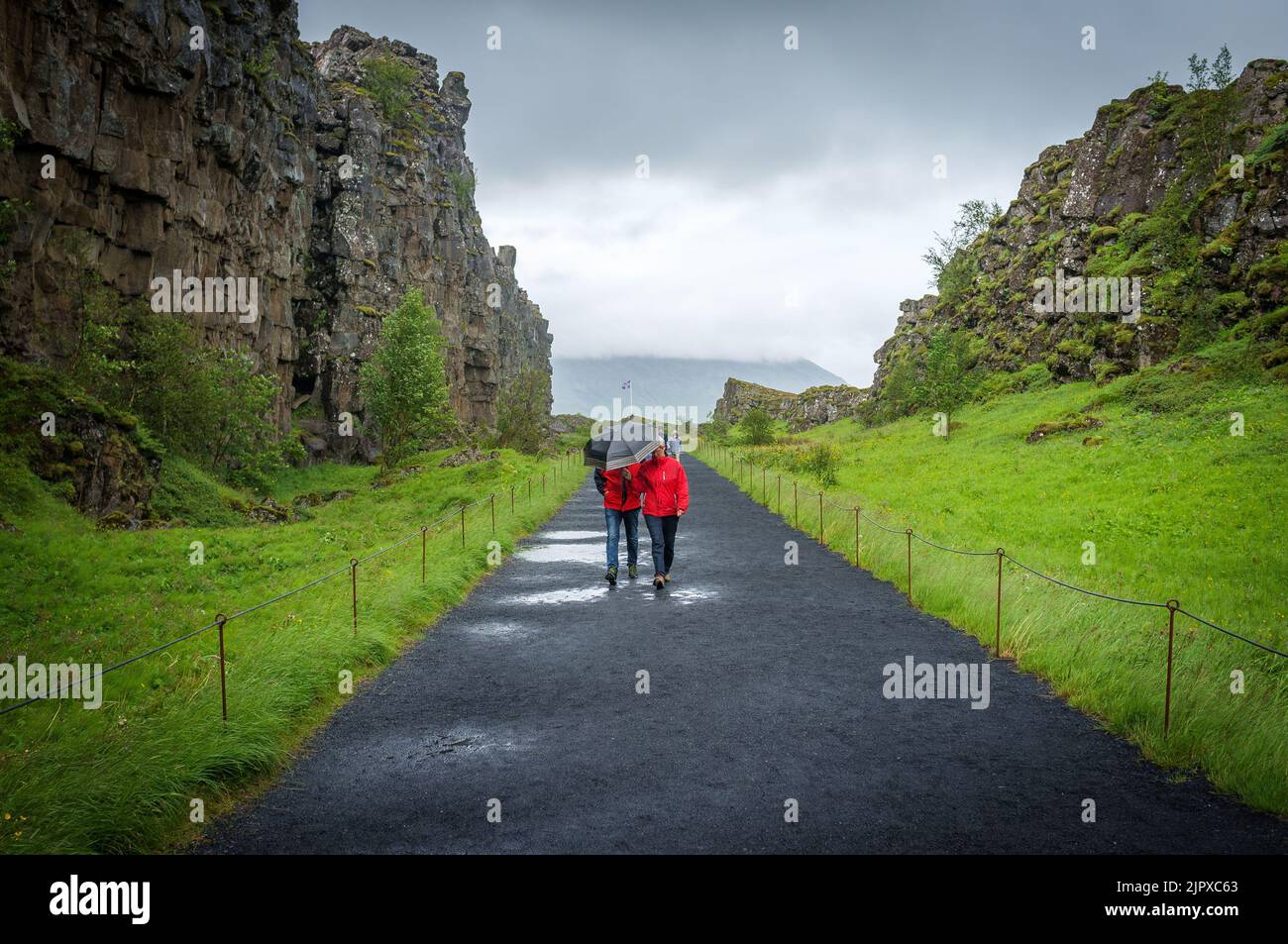 A People walking with umbrellas along a path on a rainy day in ...