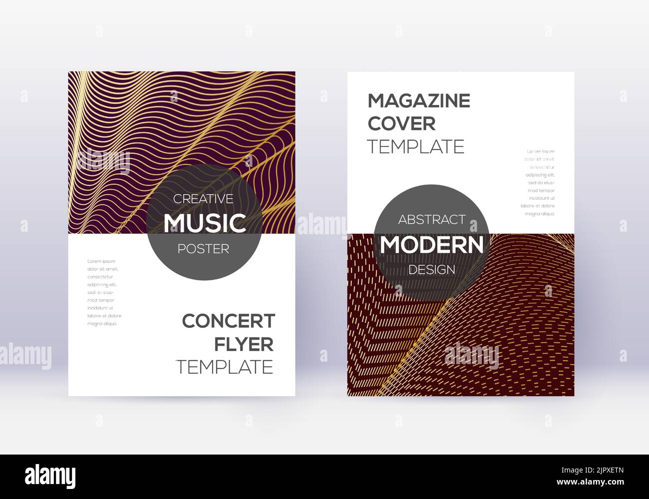 Modern cover design template set. Gold abstract lines on maroon ...