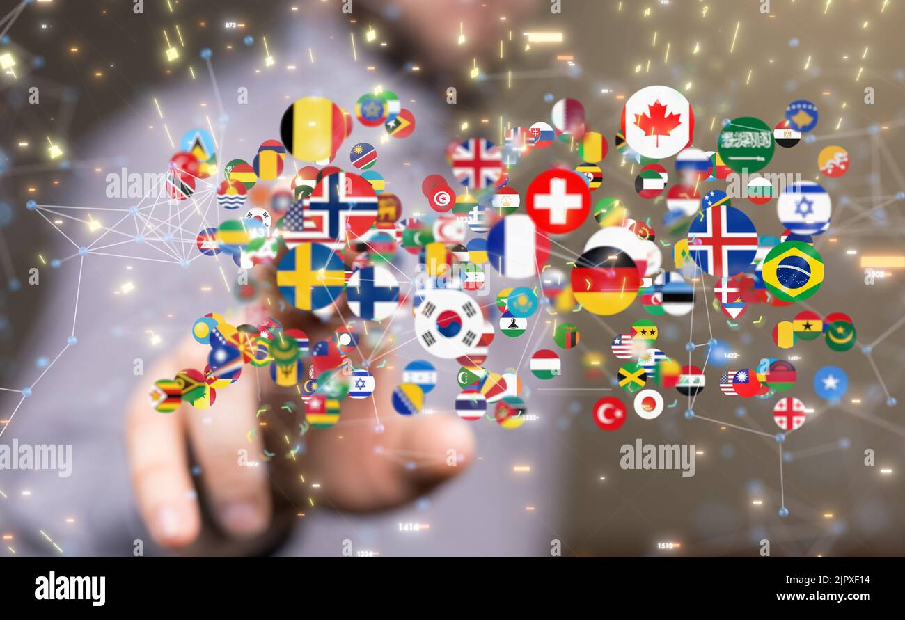 A finger tapping on 3D rendered international flags floating above a ...