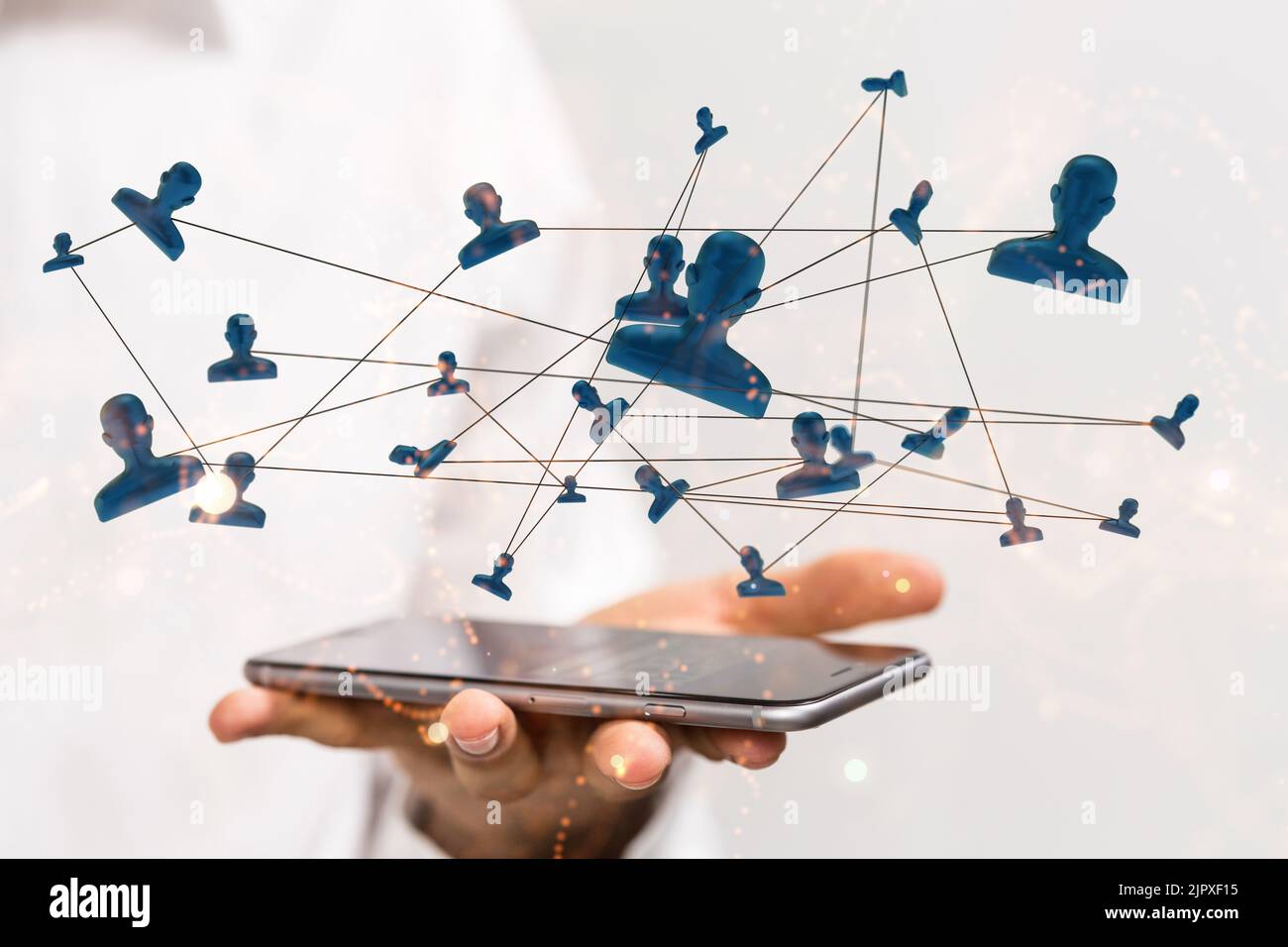 3D rendered contact icons floating above a smartphone display in a hand ...
