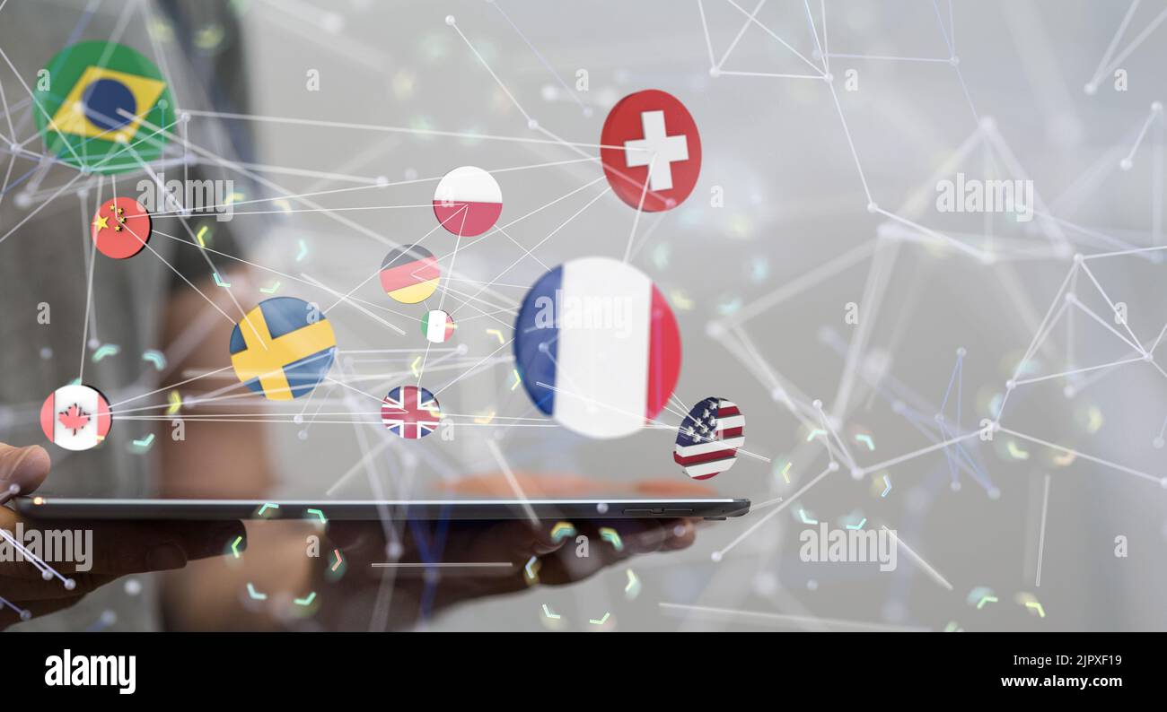 3D rendered international flags floating above a tablet, concept of ...