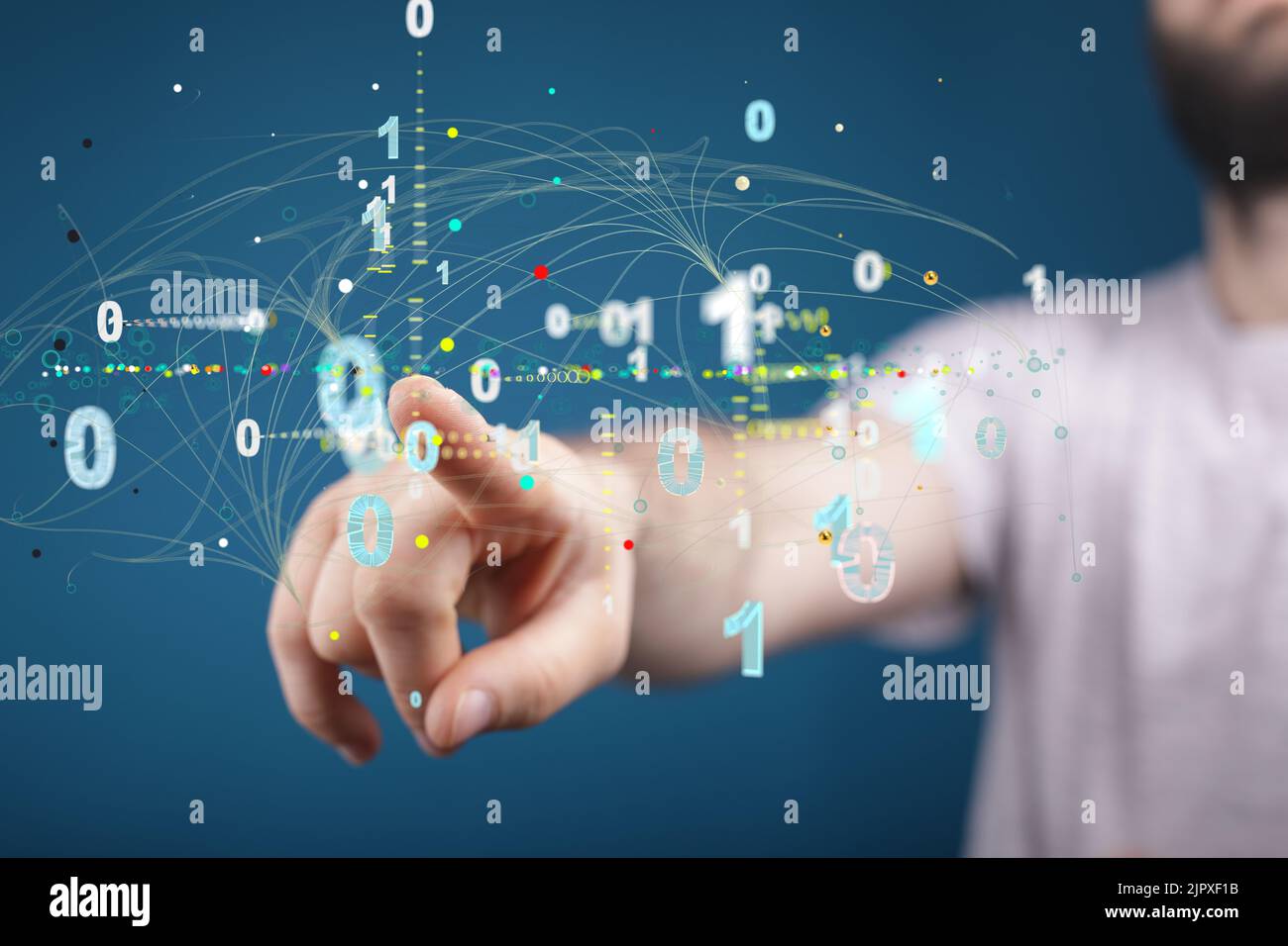 A finger tapping on a screen with 3D rendered numbers and network lines ...
