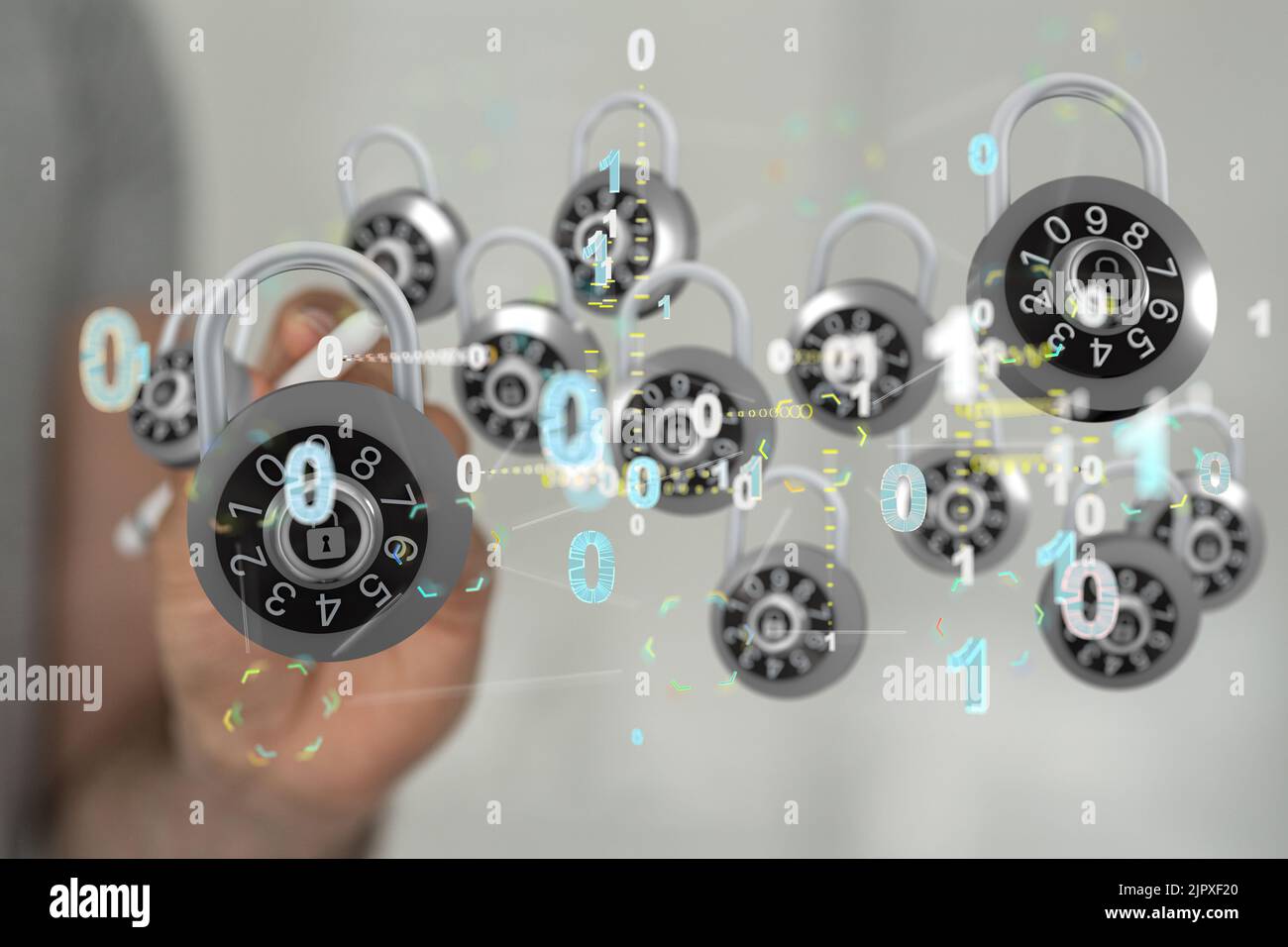 A pencil tapping on a screen with 3D rendered security locks Stock ...