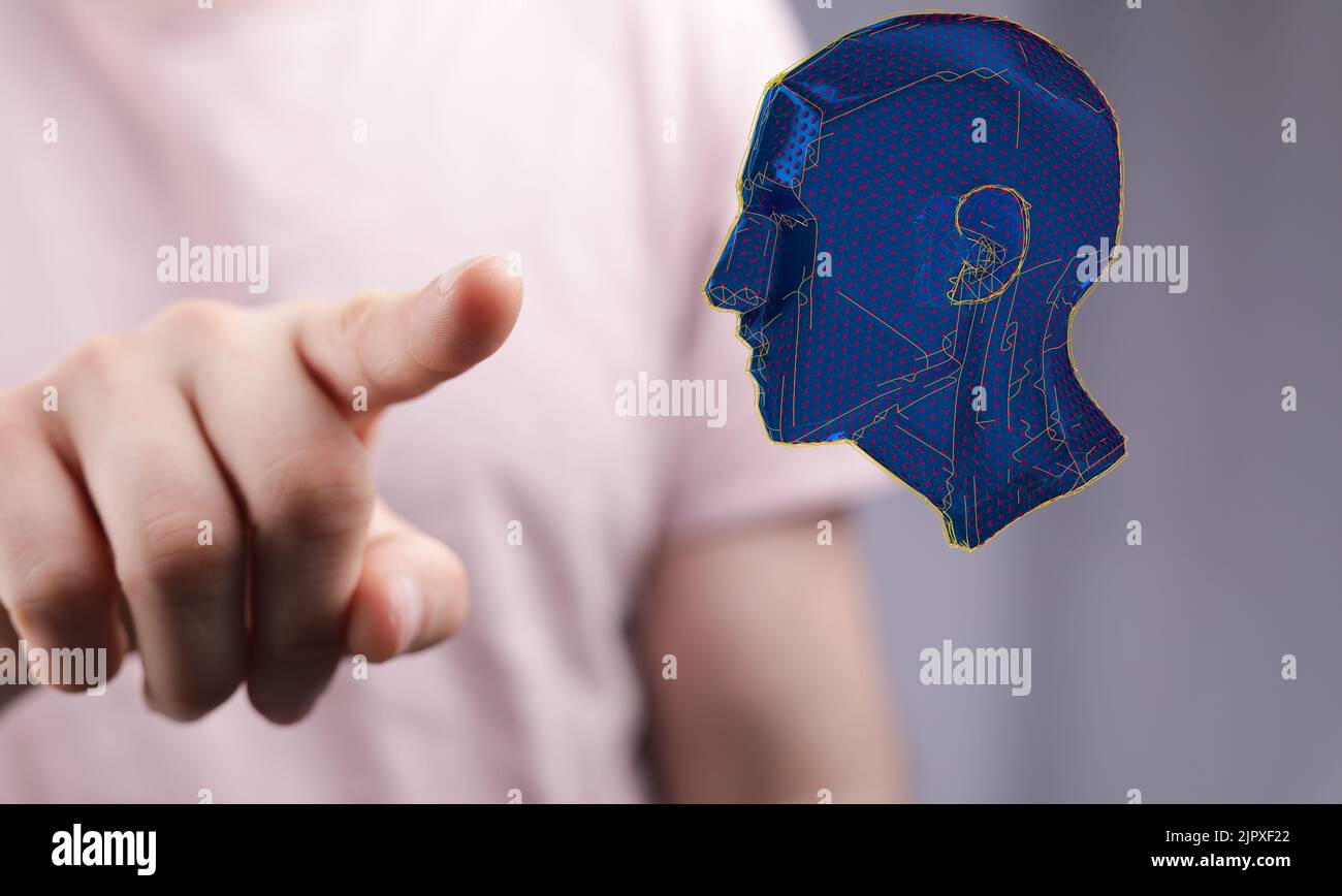 A finger pointing on a 3D rendering of a human head model Stock Photo ...