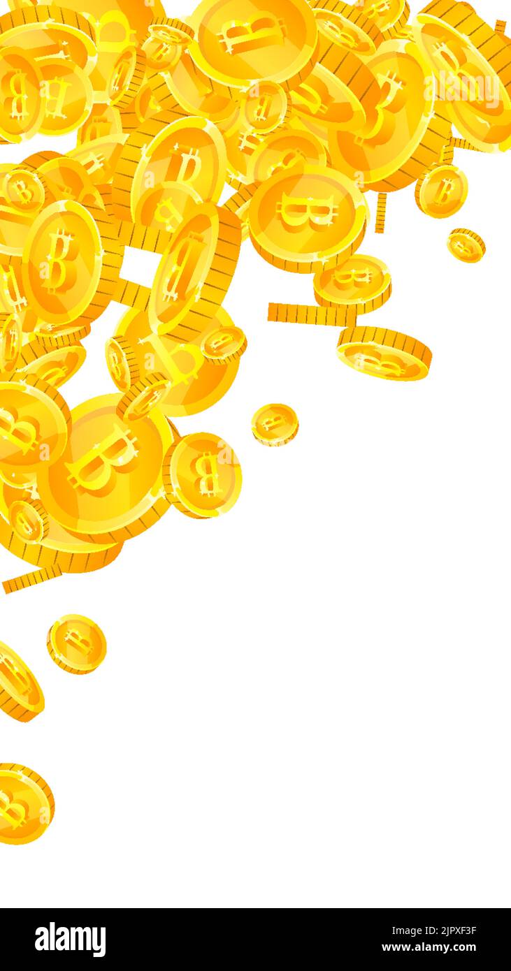 Bitcoin coins falling. Cryptocurrency scattered gold BTC coins ...