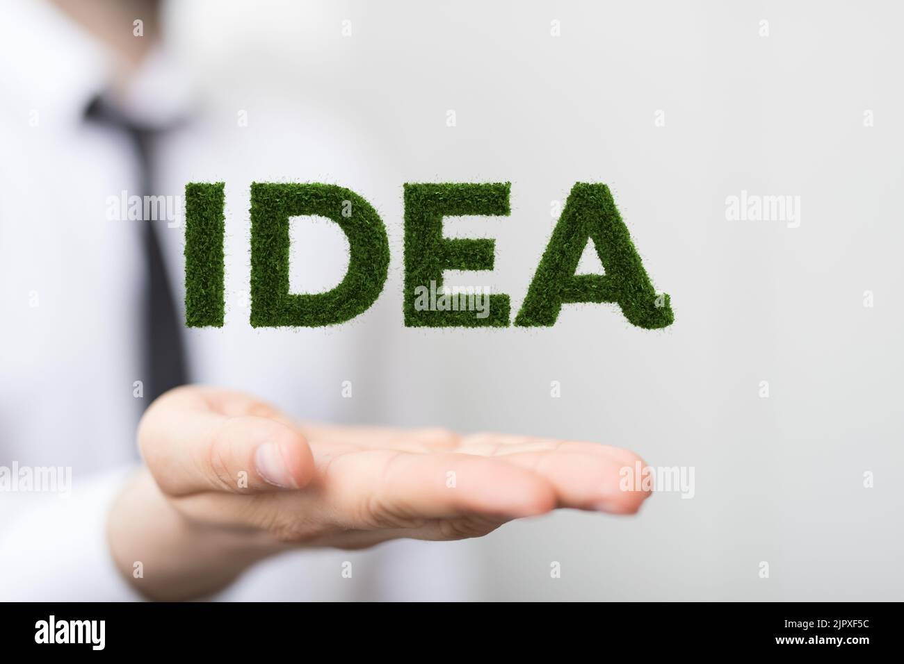 A 3D rendered word IDEA with mossy texture floating above a hand, a ...