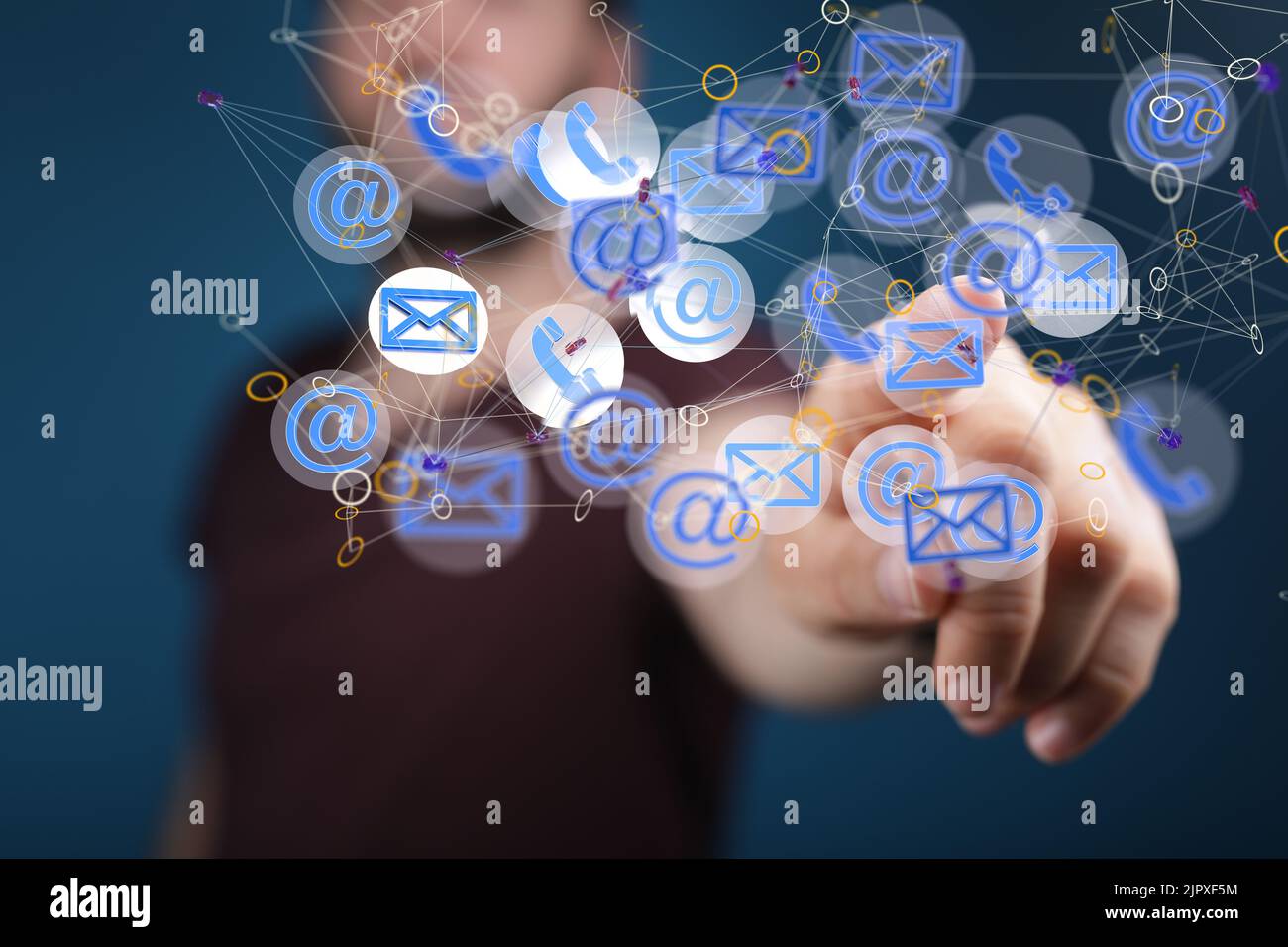 A finger tapping on a screen with 3D rendered call, message, and At ...