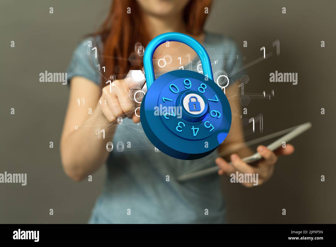 A finger tapping on a screen with 3D rendered security lock floating ...