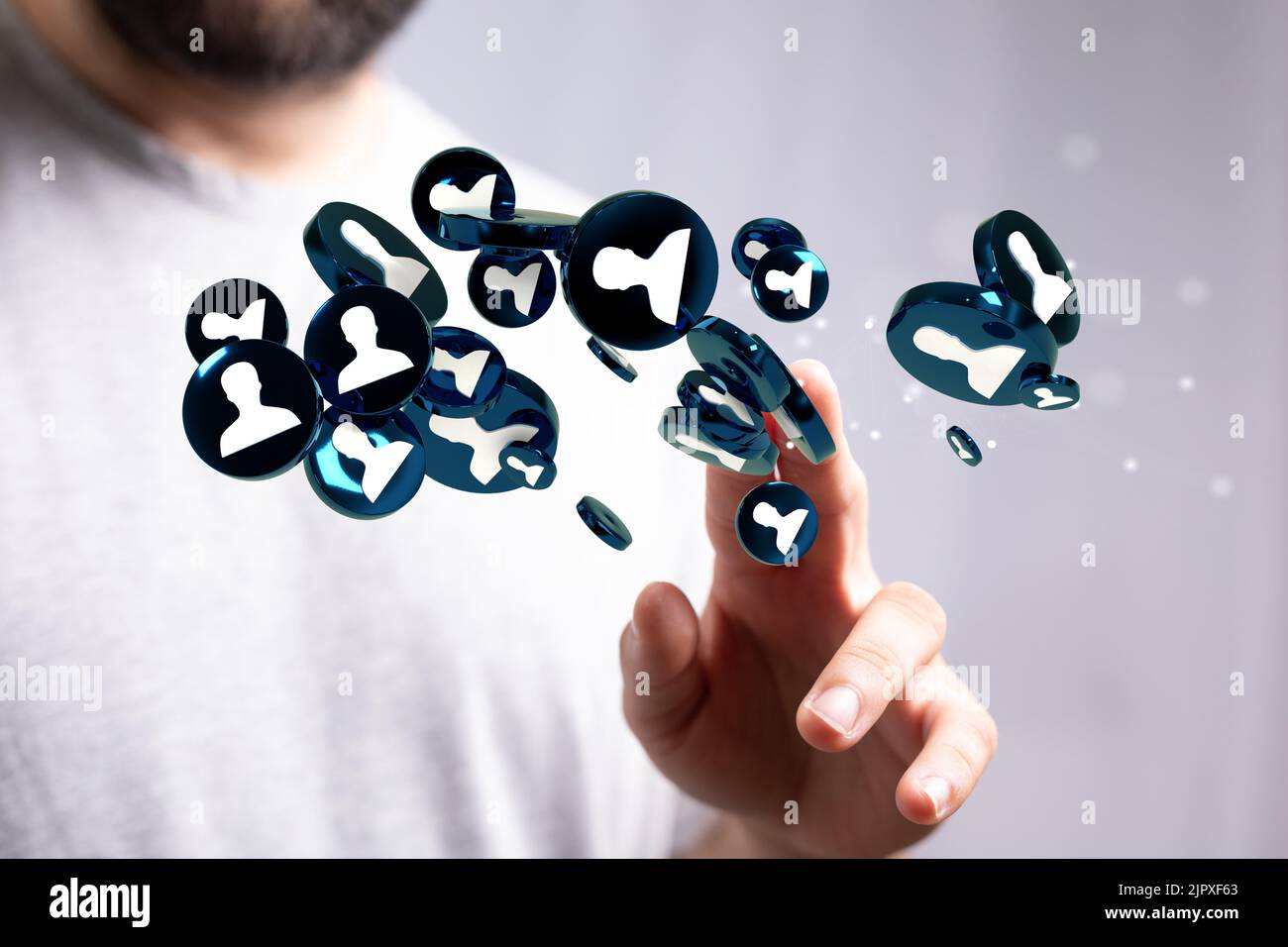 Two fingers tapping on a screen with 3D rendered people icons Stock ...