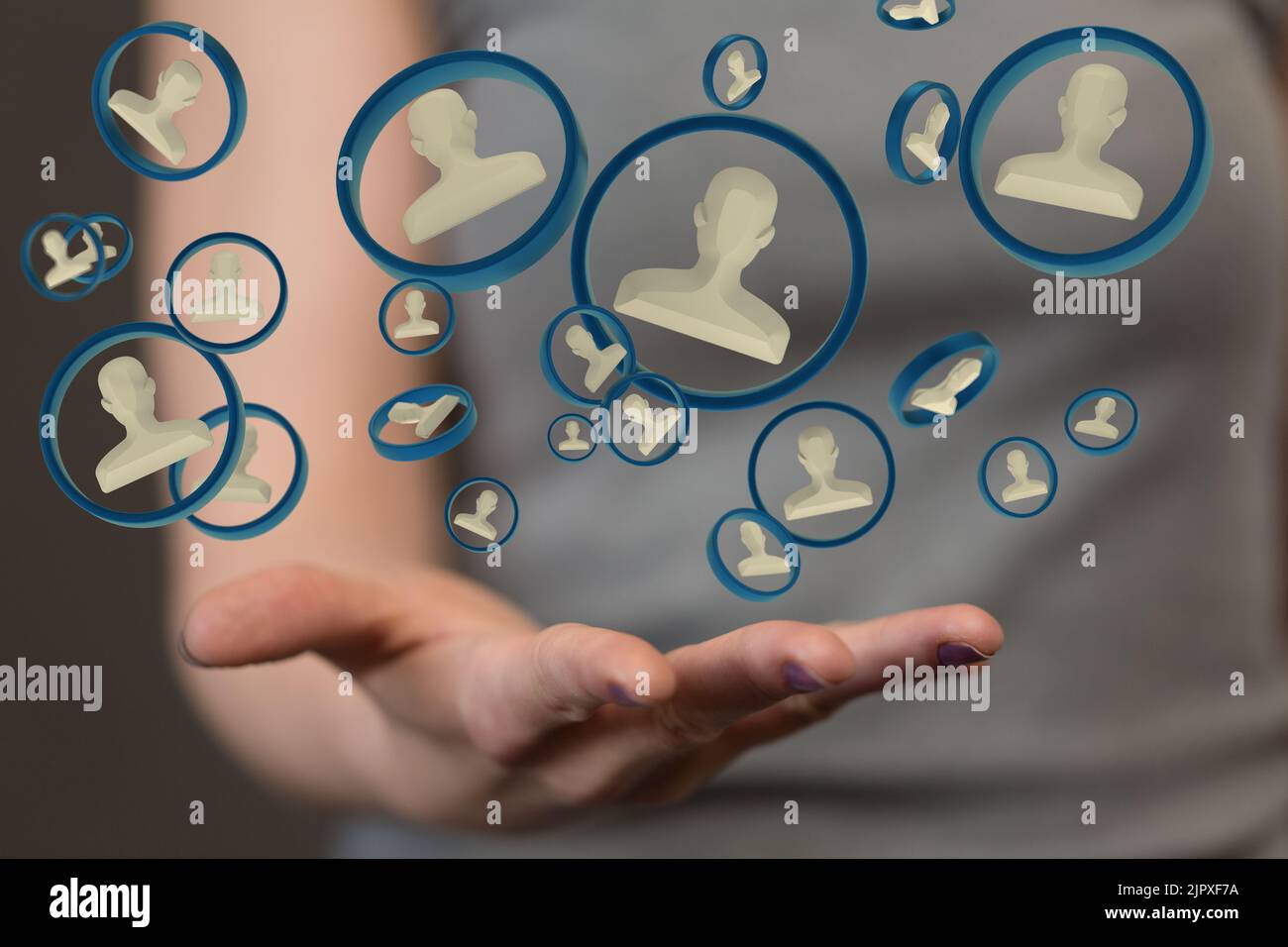 3D rendered contact icons floating above a hand Stock Photo - Alamy
