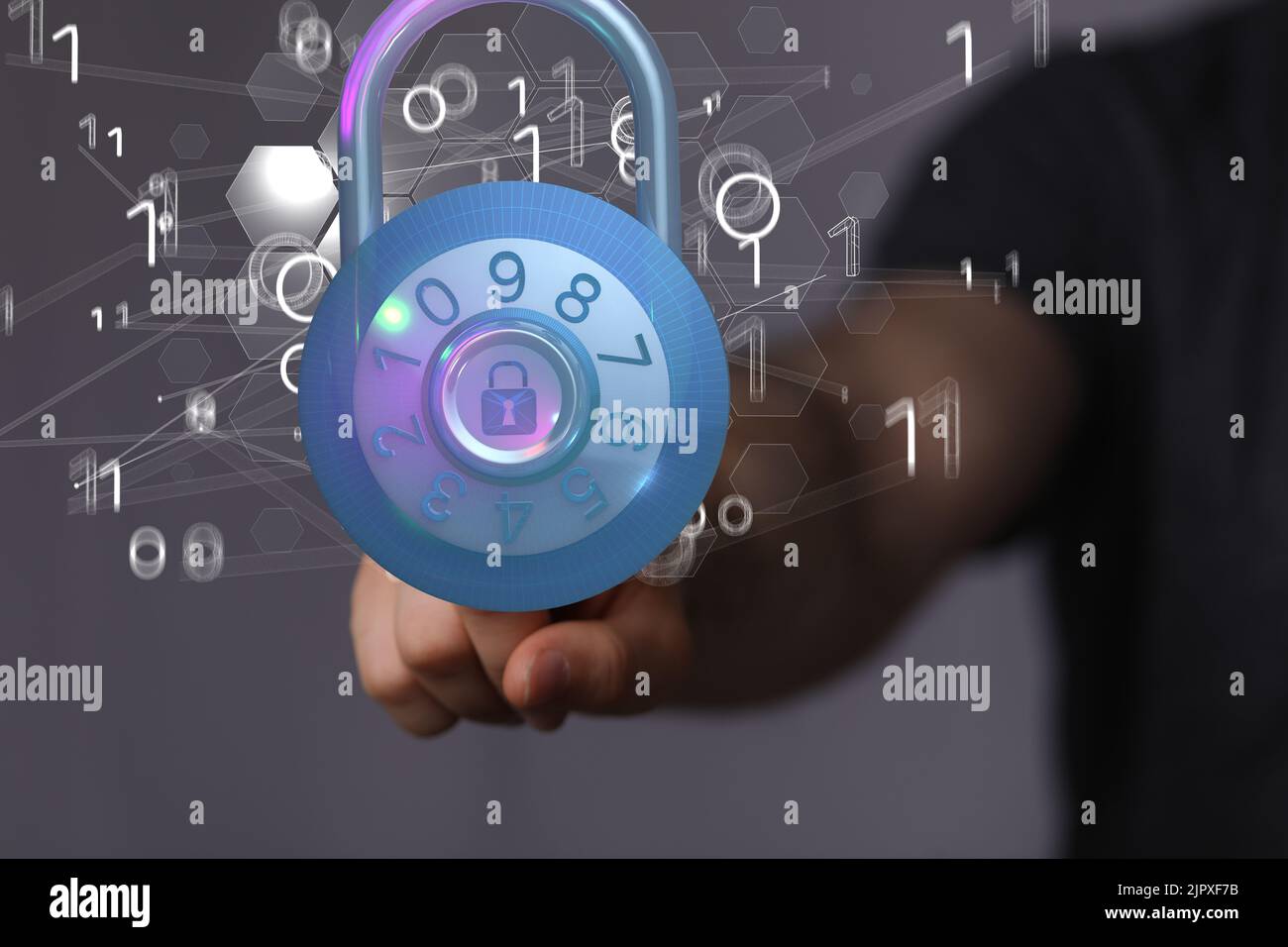 A finger tapping on a screen with 3D rendered security lock floating ...