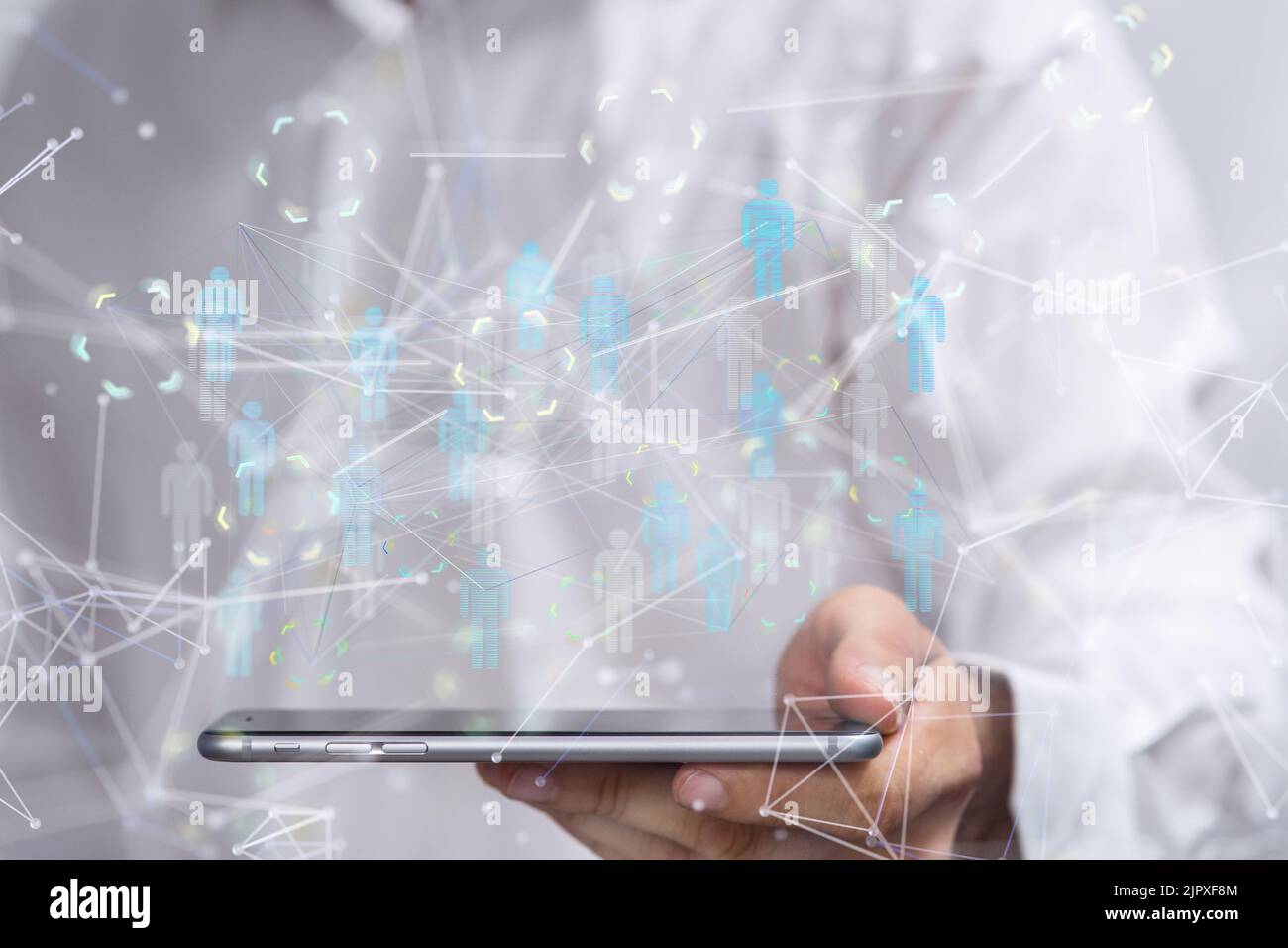 3D rendered contact icons floating above a tablet display in a hand Stock Photo - Alamy