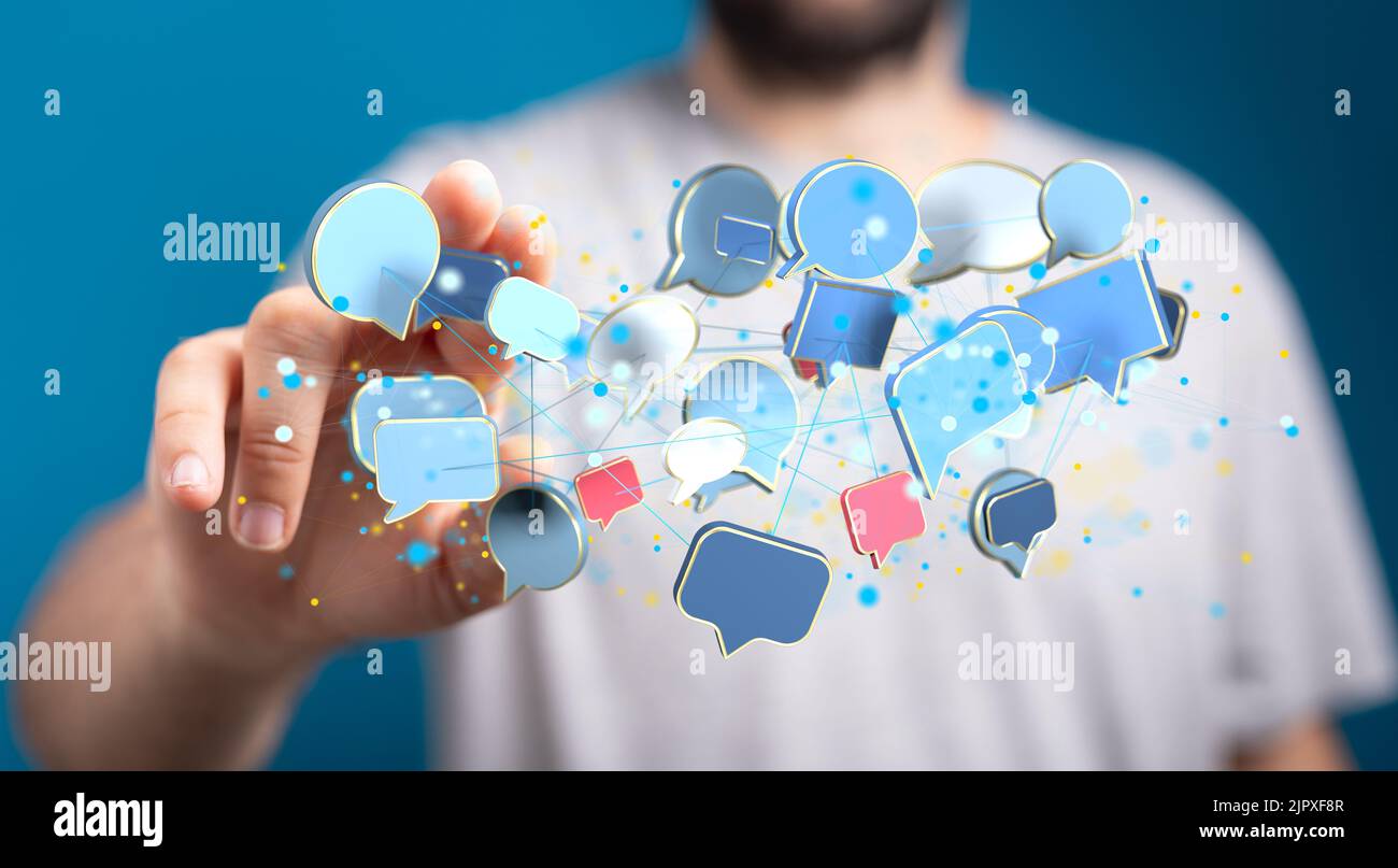 The fingers tapping on a screen with 3D rendered message letter icons ...