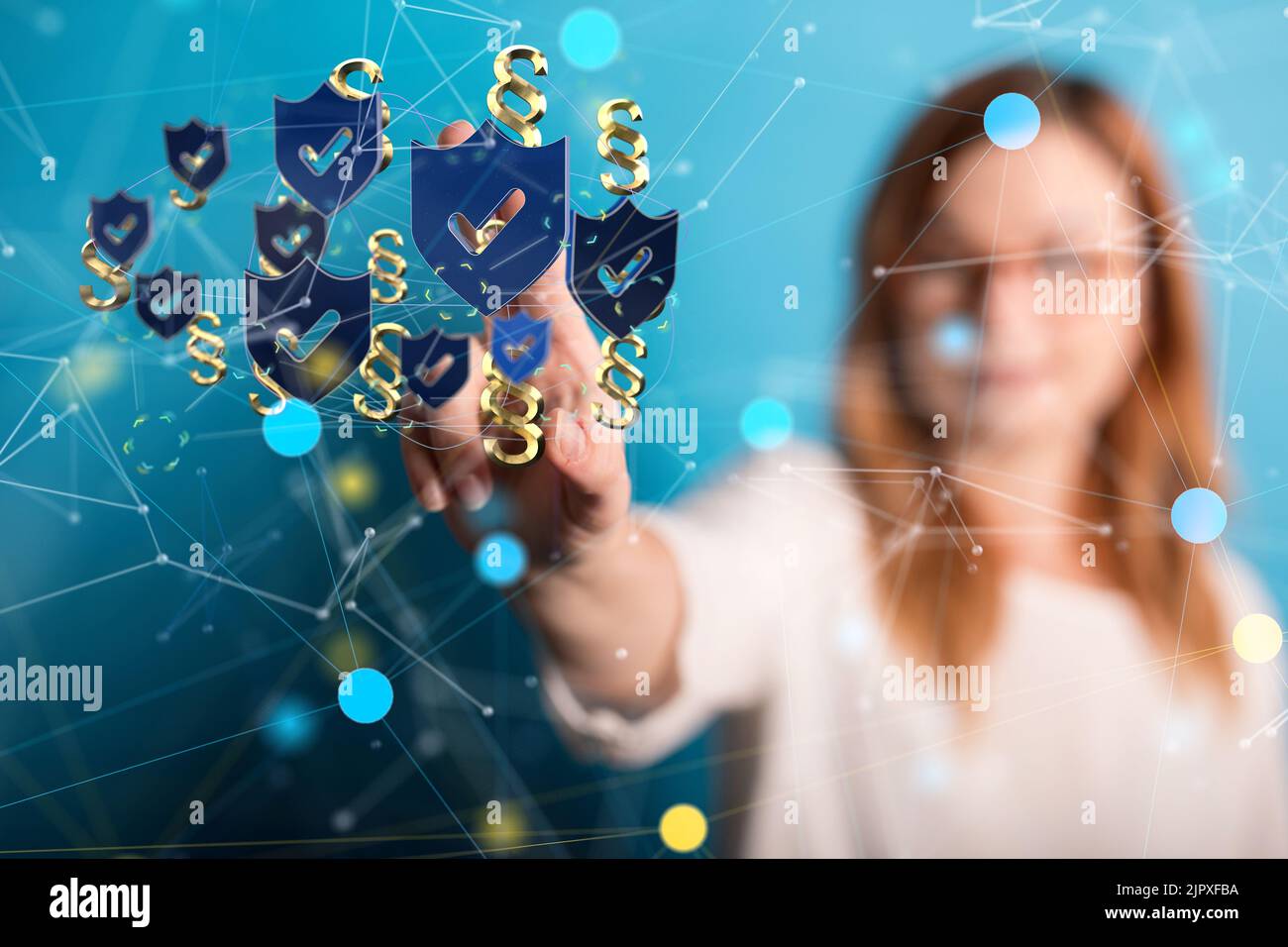 The fingers tapping on a screen with 3D rendered legal paragraphs signs ...