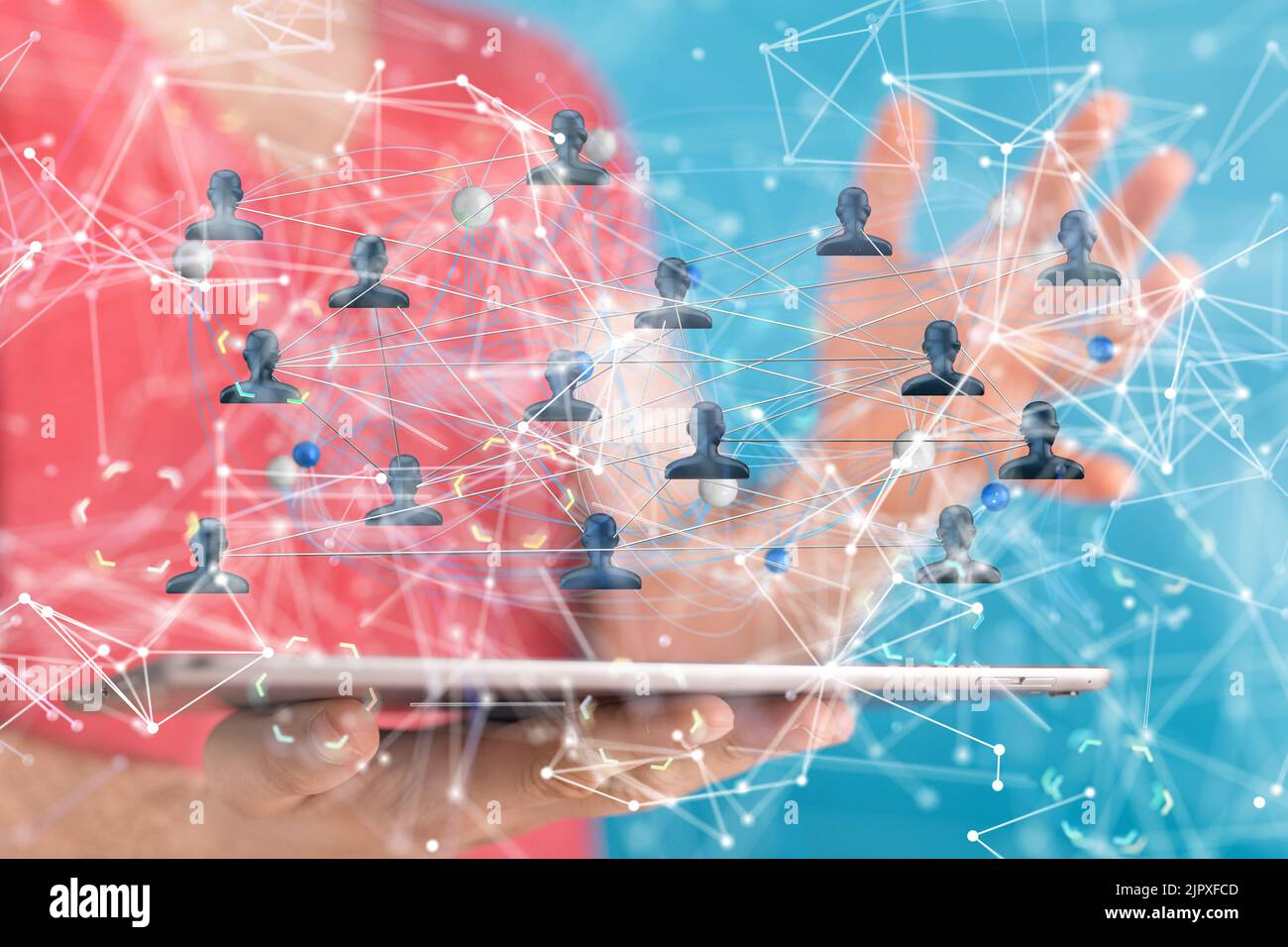 3D rendered contact icons floating above a tablet display in a hand ...