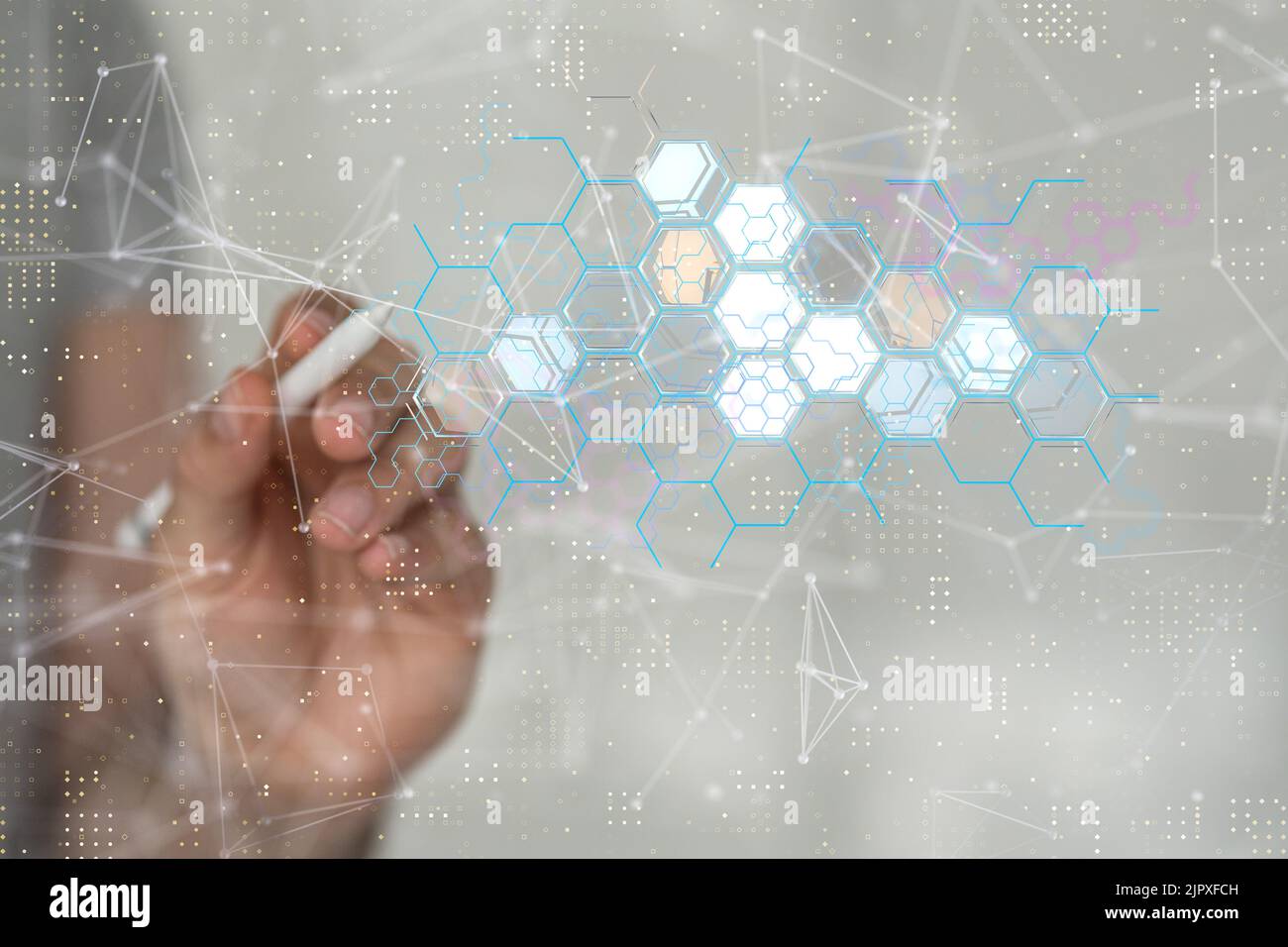 A hand with a pencil tapping on 3D rendered network lines Stock Photo ...