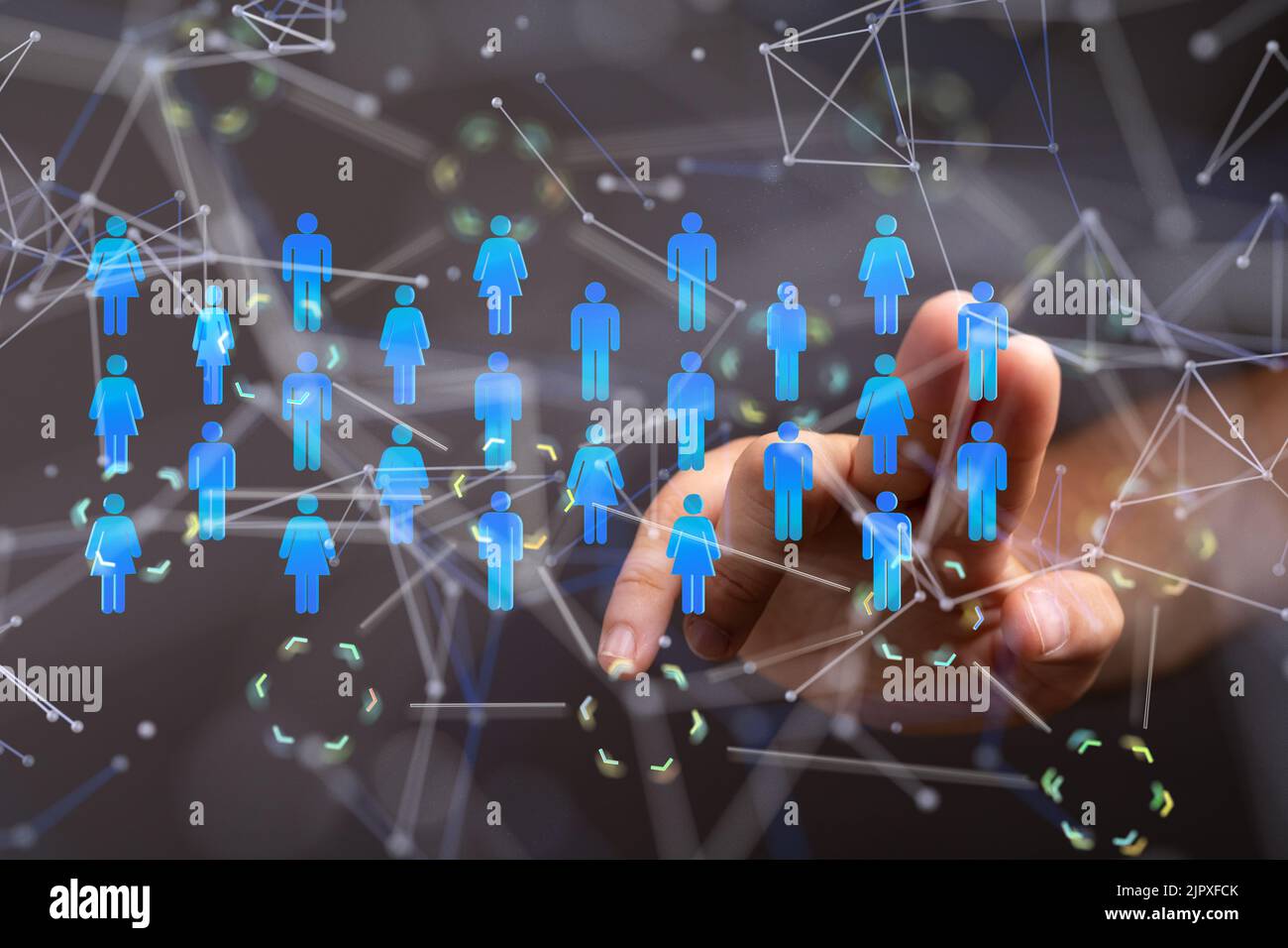 Two fingers tapping on a screen with 3D rendered people icons Stock ...