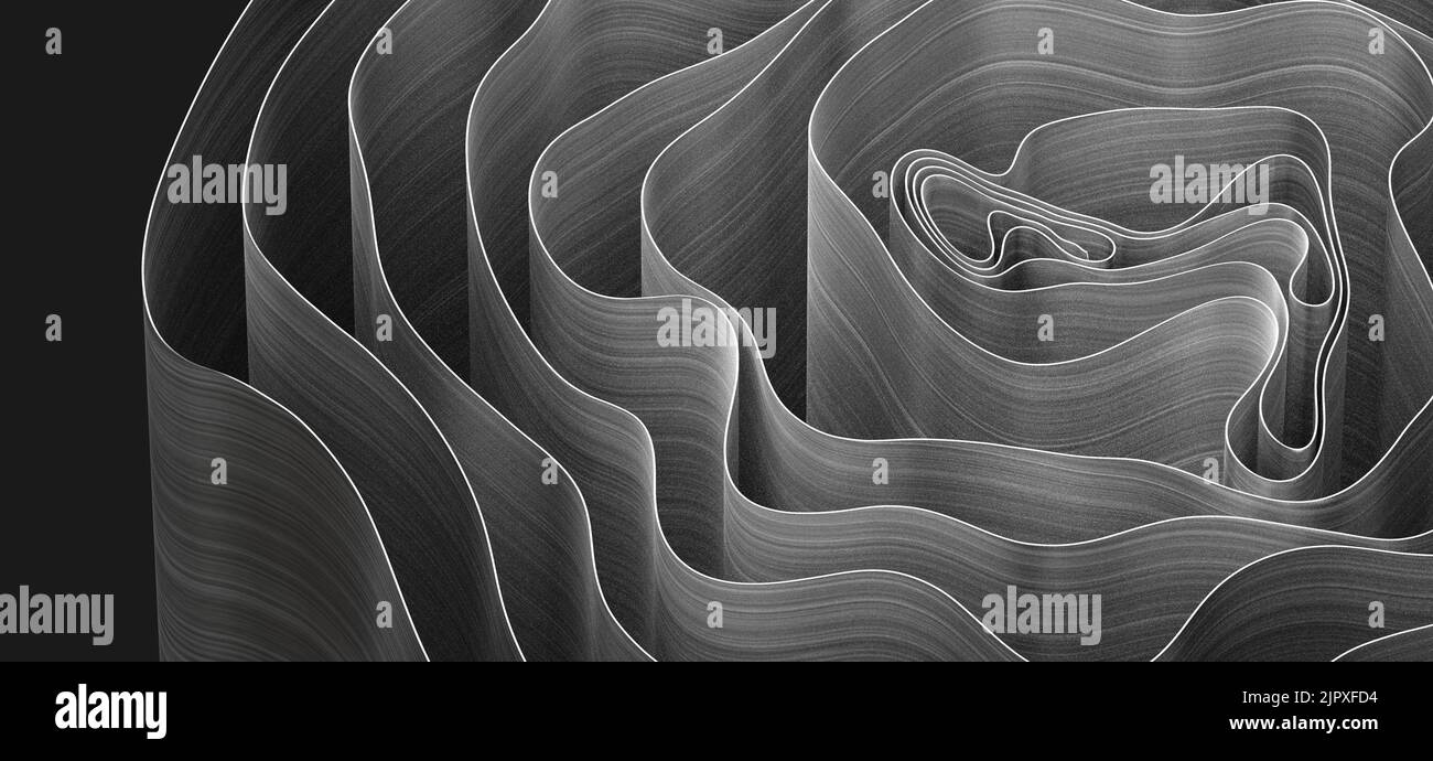 A 3D rendered grayscale curved thin material, perfect for a wallpaper ...