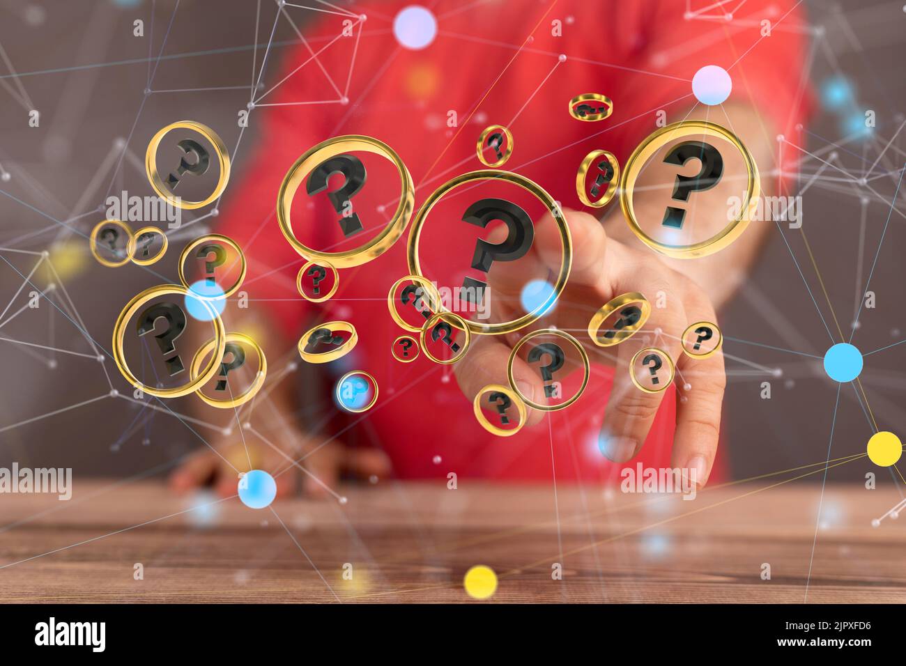 The fingers tapping on a screen with 3D floating rendered question ...