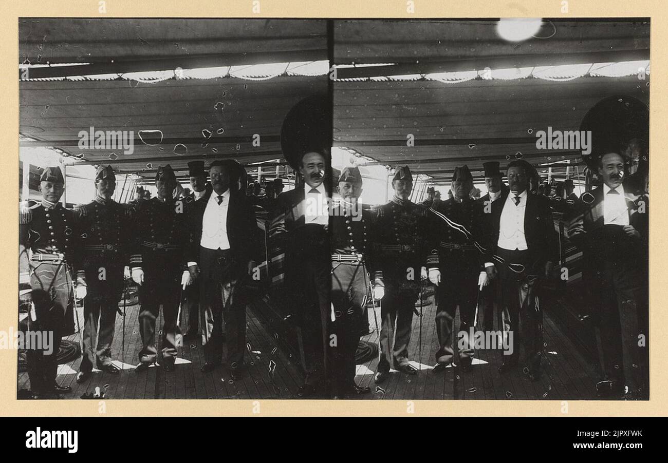 Theodore Roosevelt in group portrait with three naval officers and two ...