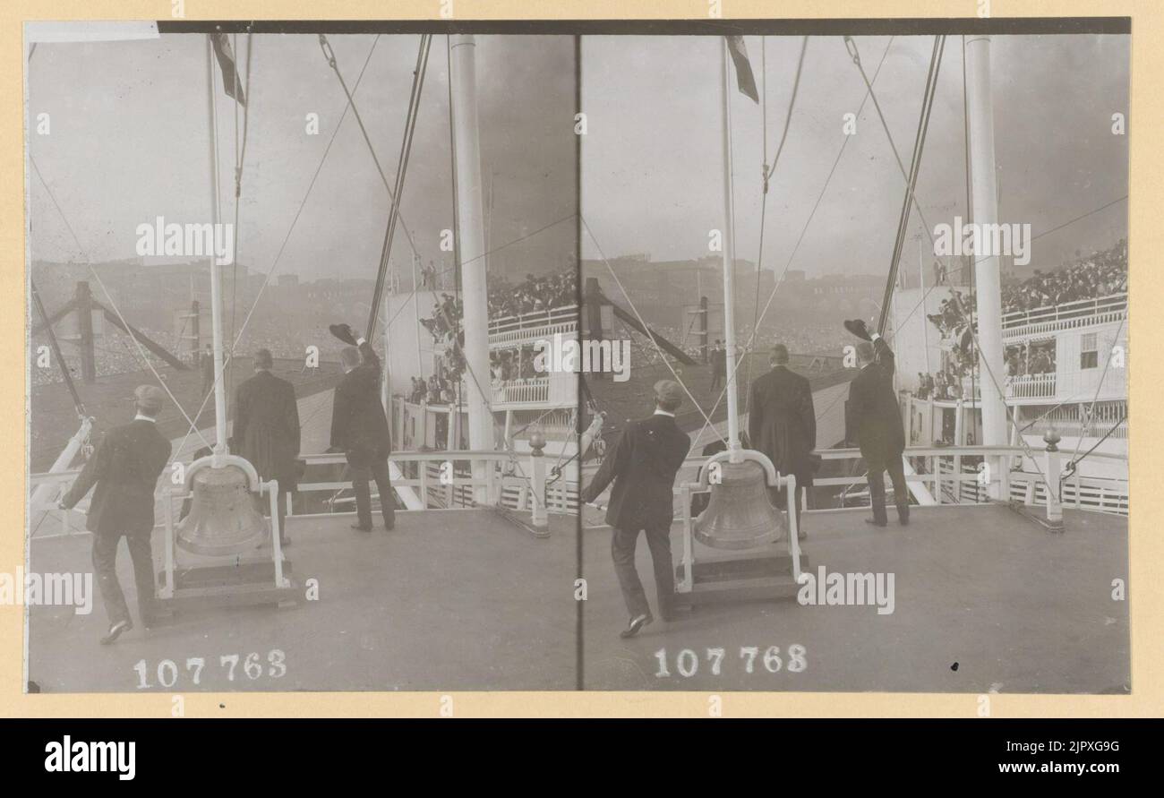 Theodore Roosevelt, and two other men, standing on deck of a ship, with ...