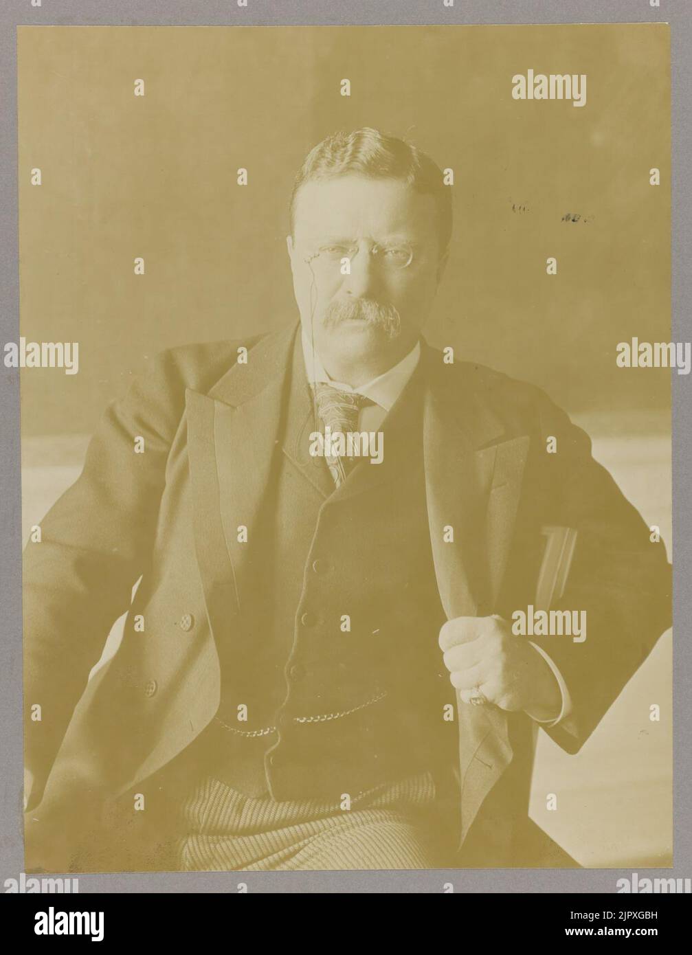 Theodore Roosevelt, half-length portrait, seated with arm over armchair ...